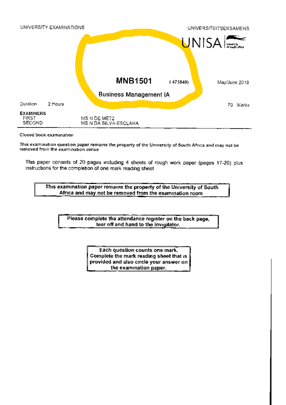 MNB 1501 MAY 2018 - note - CBMA 011 - Studocu