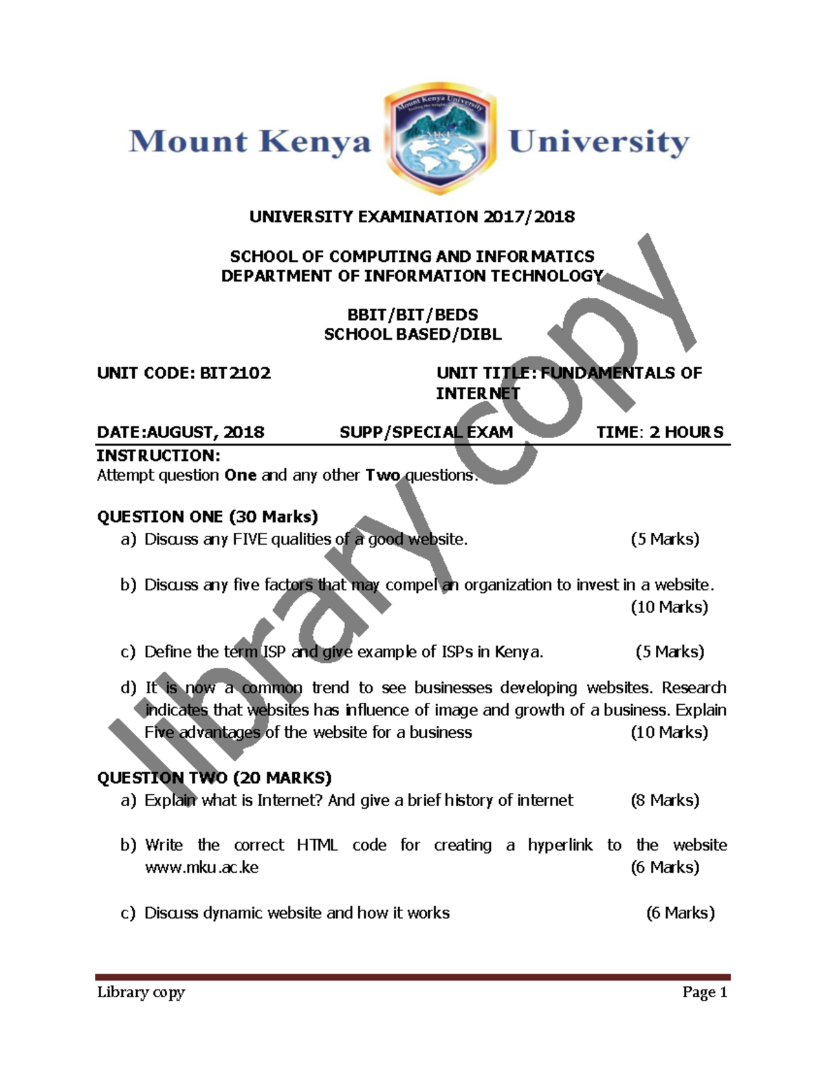 Bit2102 Fundamentals Of Internet Sb Supp Library Copy Page 1 University Examination 2017