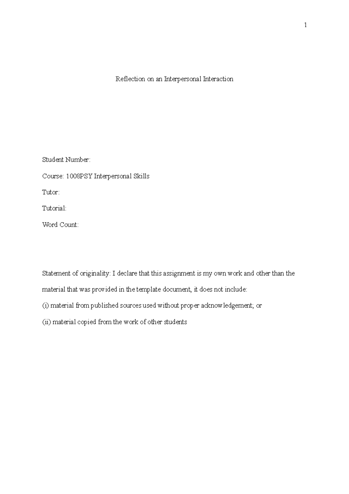 Interpersonal Skills - 1008PSY Assignment 2022 - Reflection on an Interpersonal Interaction ...