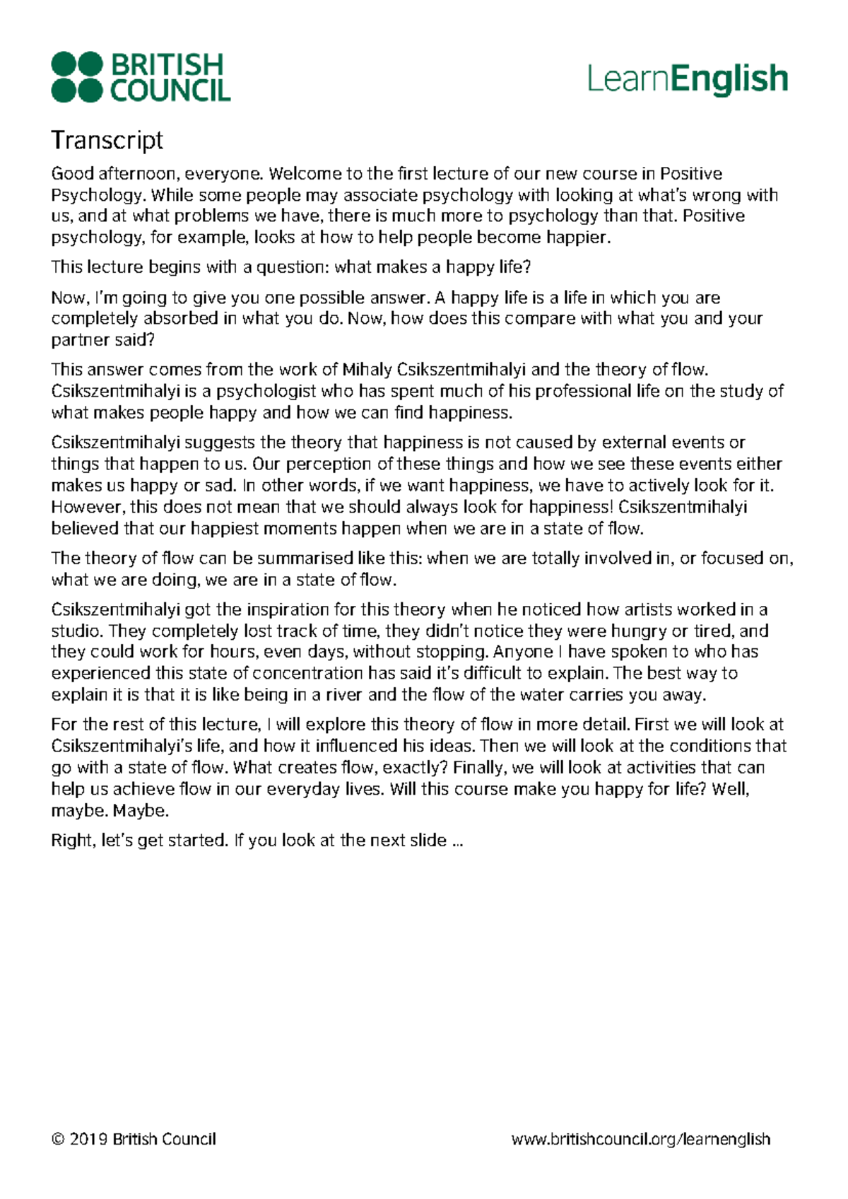 Transcript An introduction to a lecture - © 2019 British Council britishcouncil/learnenglish ...