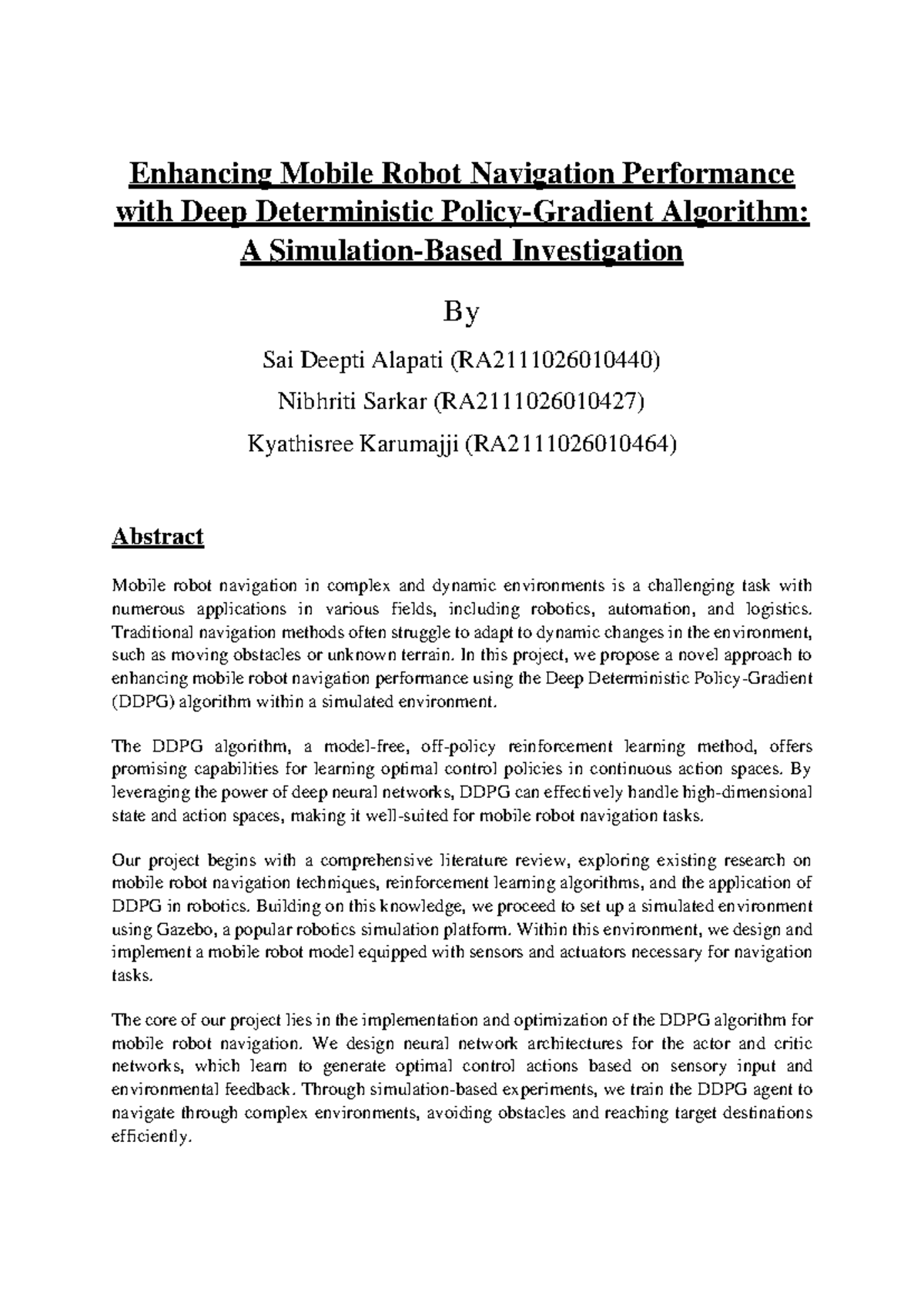 IM Project 2k24 - Enhancing Mobile Robot Navigation Performance with Deep Deterministic - Studocu
