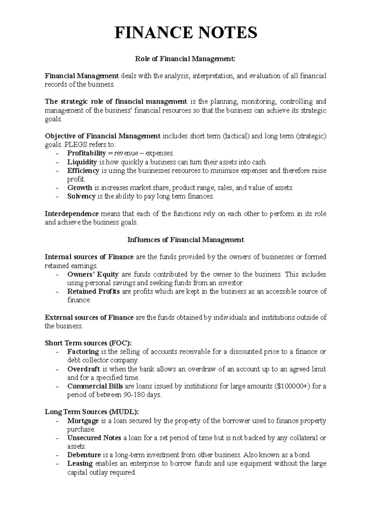 HSC Finance Notes - FINANCE NOTES Role of Financial Management ...