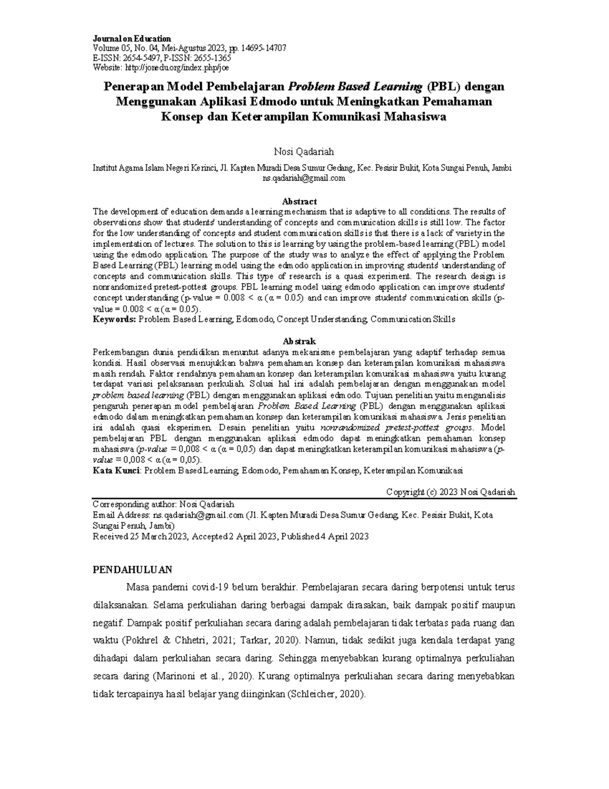 Penerapan PBL dngn Edmodo - Journal on Education Volume 05, No. 04, Mei ...