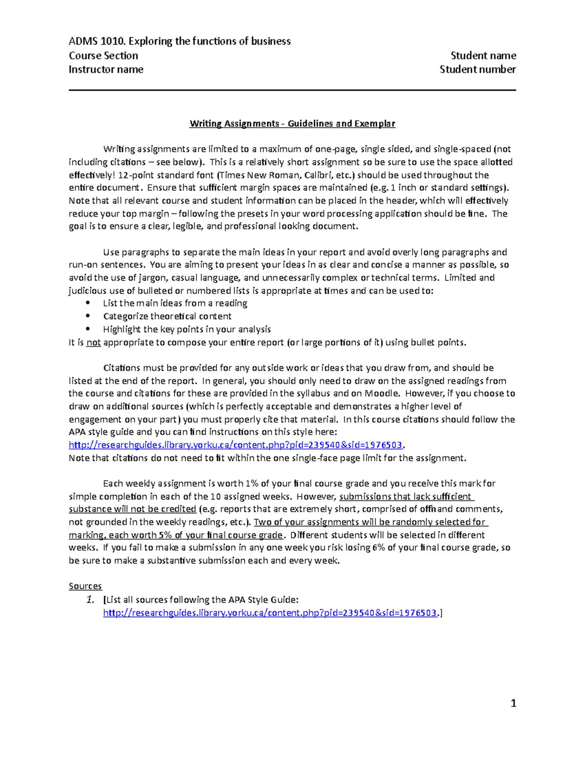 4. Writing assignments. Guidelines - ADMS 1010. Exploring the functions ...