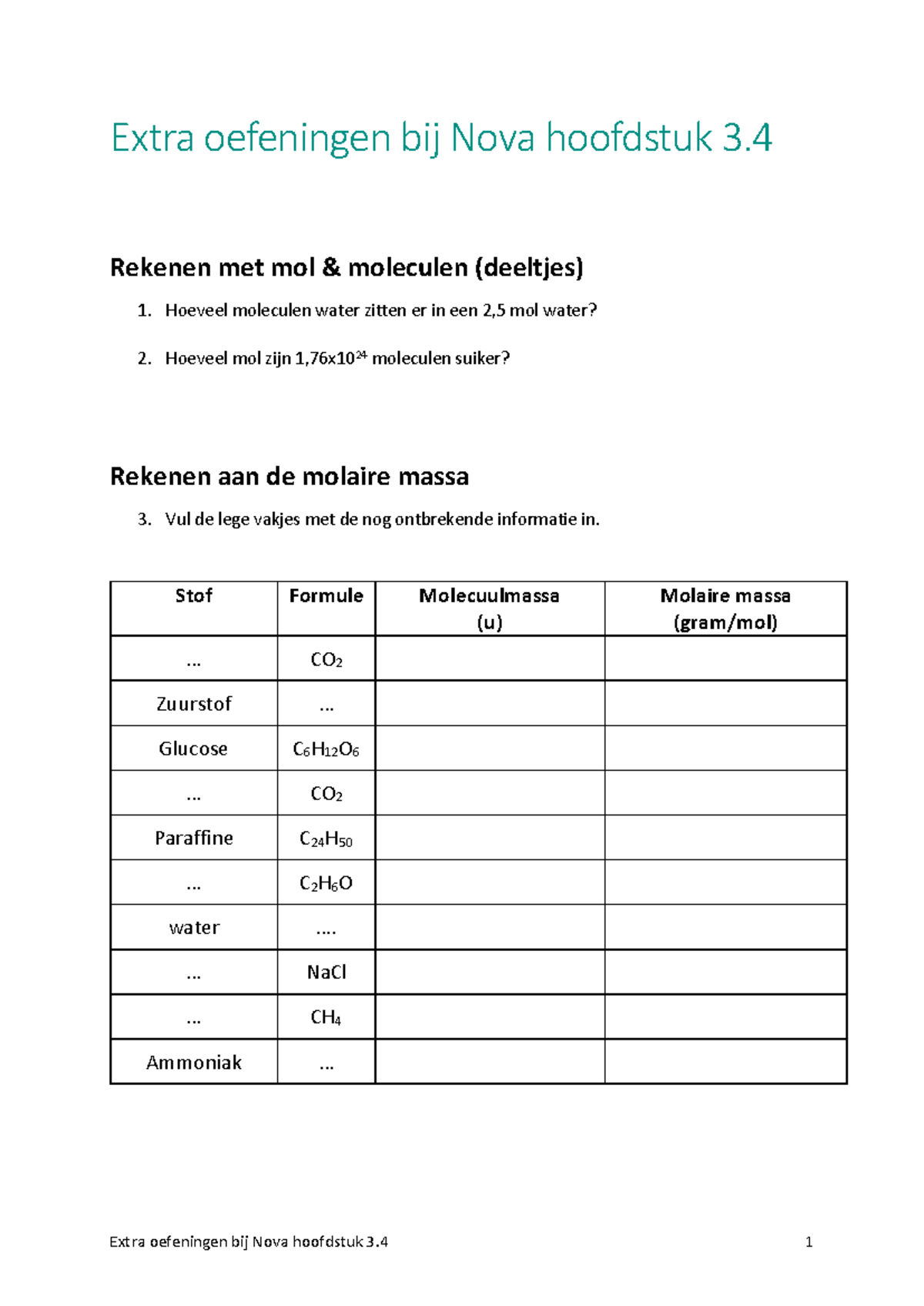 Extra oefeningen bij Nova 3 - Rekenen met mol & moleculen (deeltjes) 1 ...