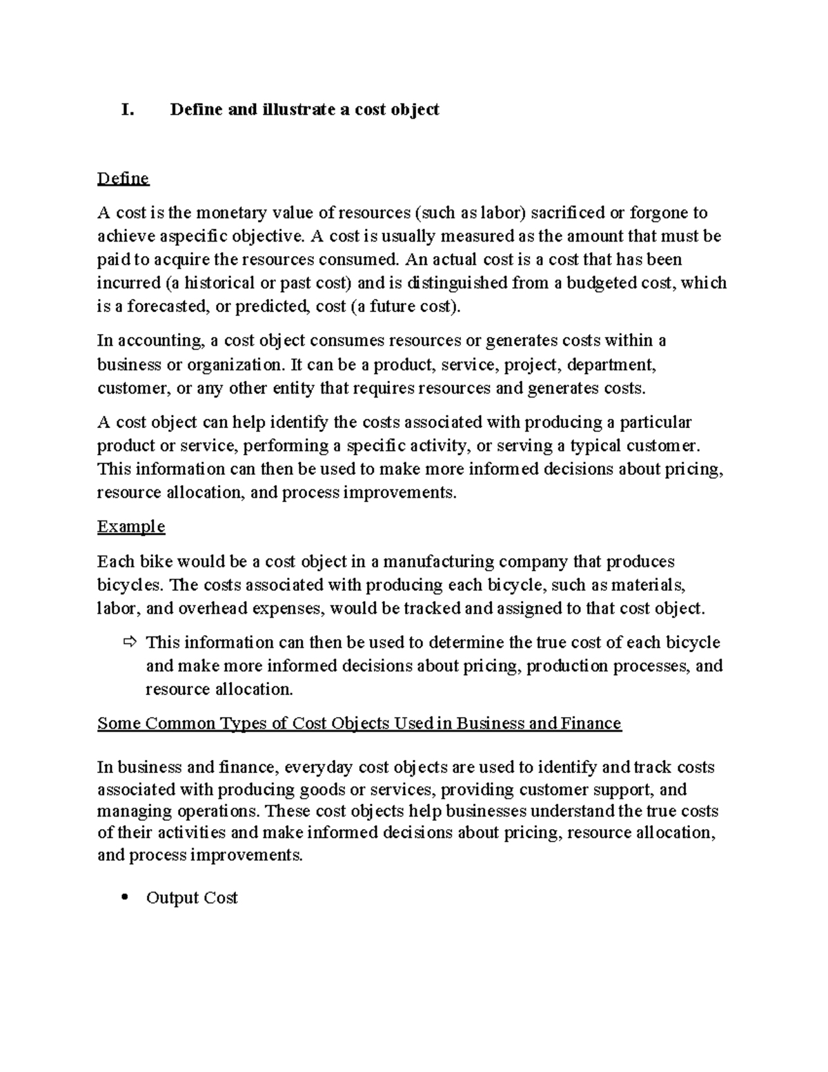 KTCP 123 - Bài tập nhóm - I. Define and illustrate a cost object Define ...