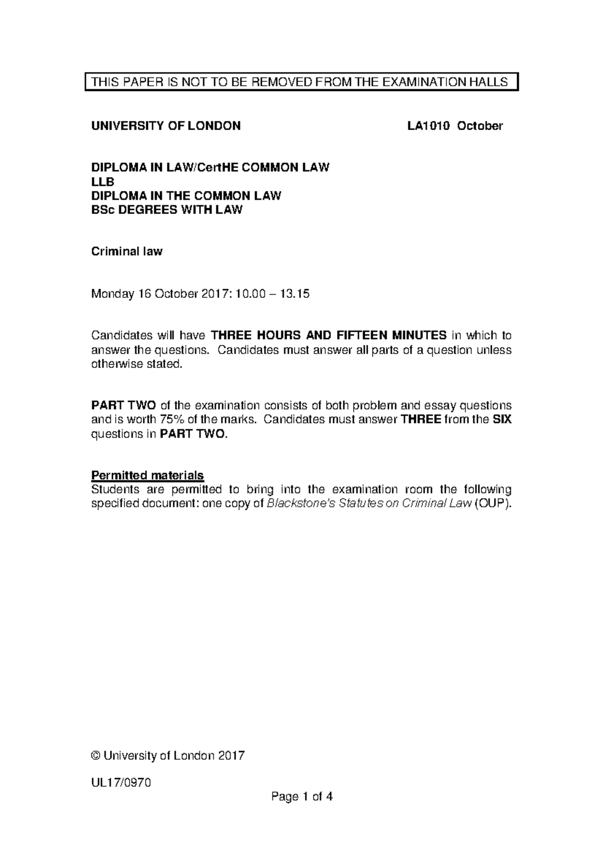 Criminal Exam 2017 Resit AB UL17 0970 THIS PAPER IS NOT TO BE criminal-exam-2017-resit-ab-ul17-0970-this-paper-is-not-to-be