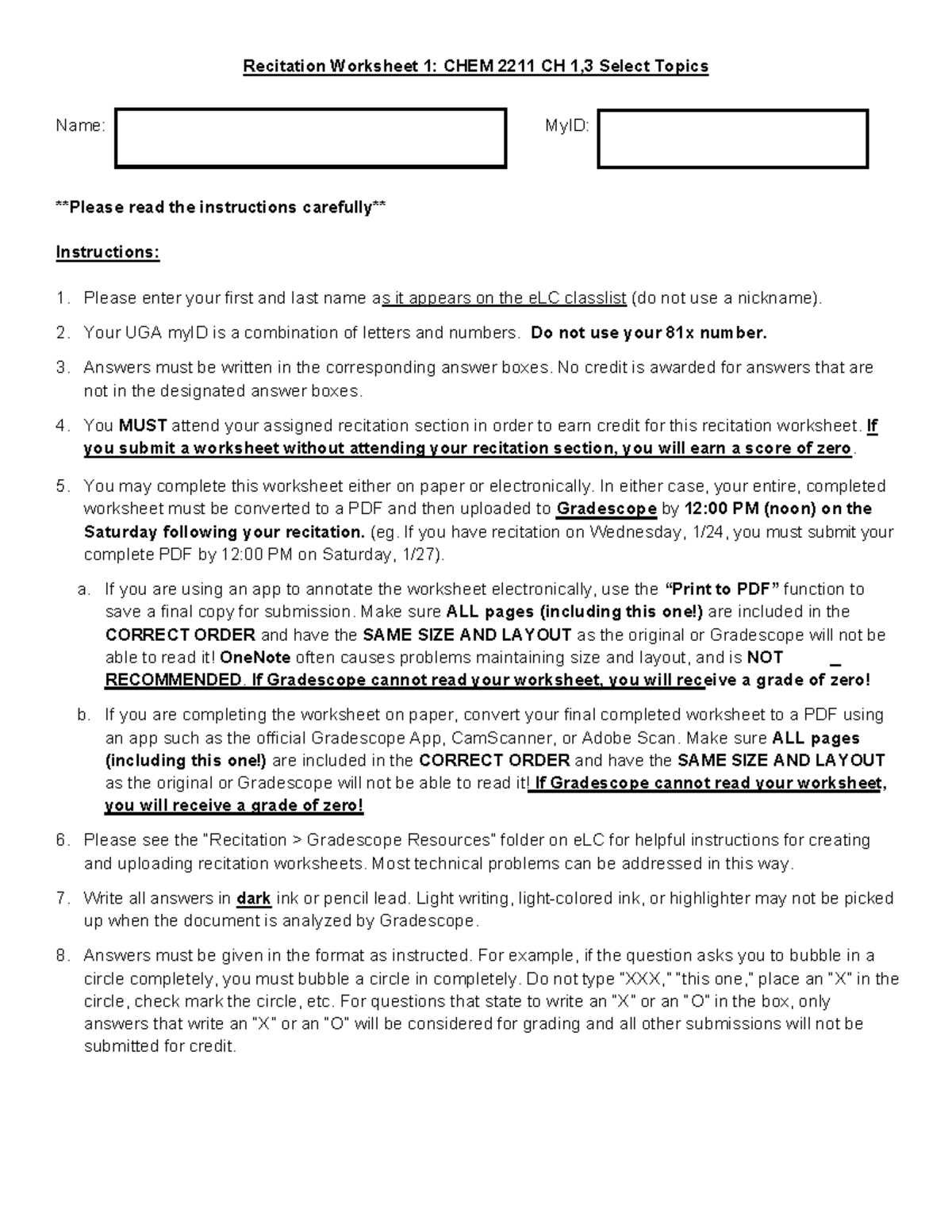 CHEM 2211 Recitation 01 (CH 1 and 3 Select Topics) - ####### Recitation ...