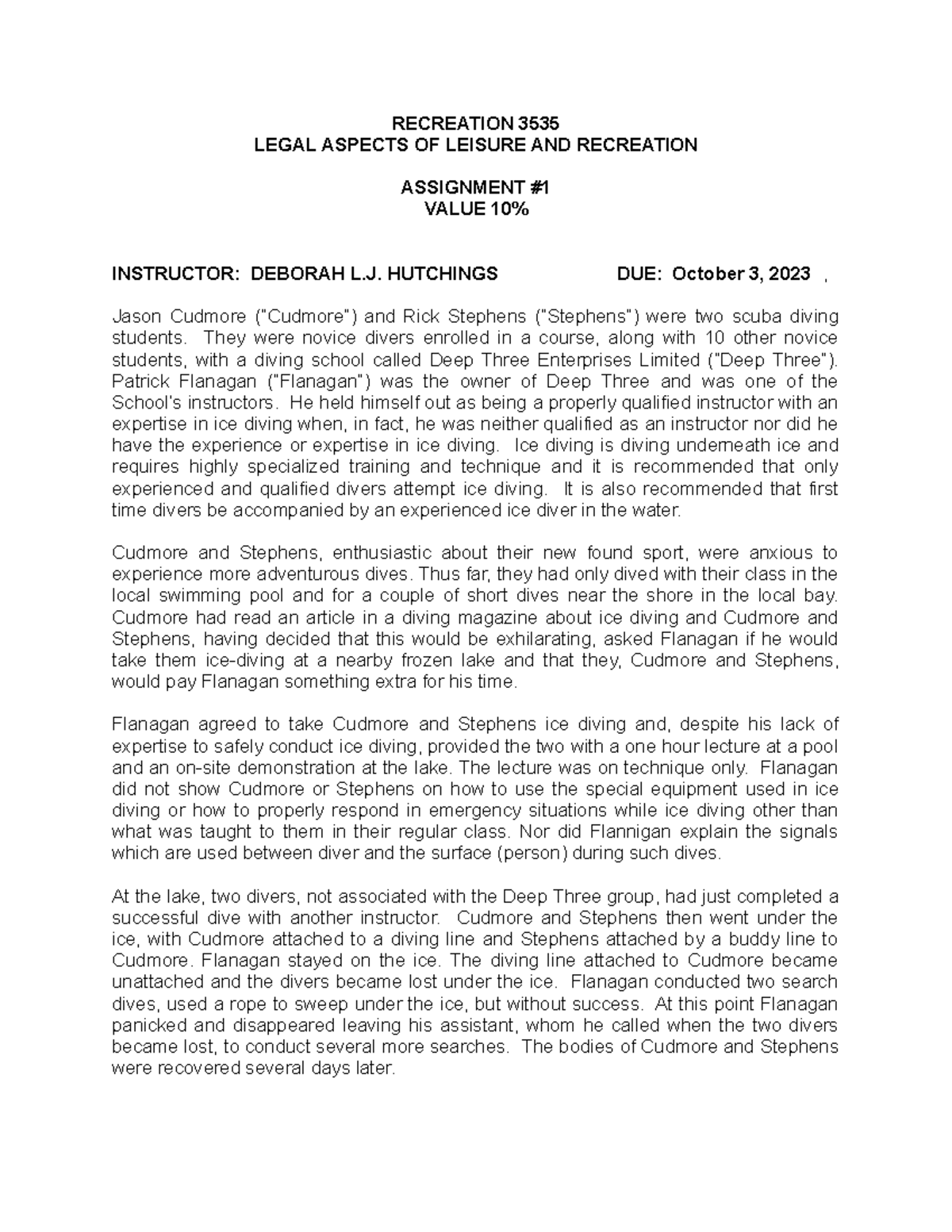 Assignment #1 - Fall 2023 - RECREATION 3535 LEGAL ASPECTS OF LEISURE ...