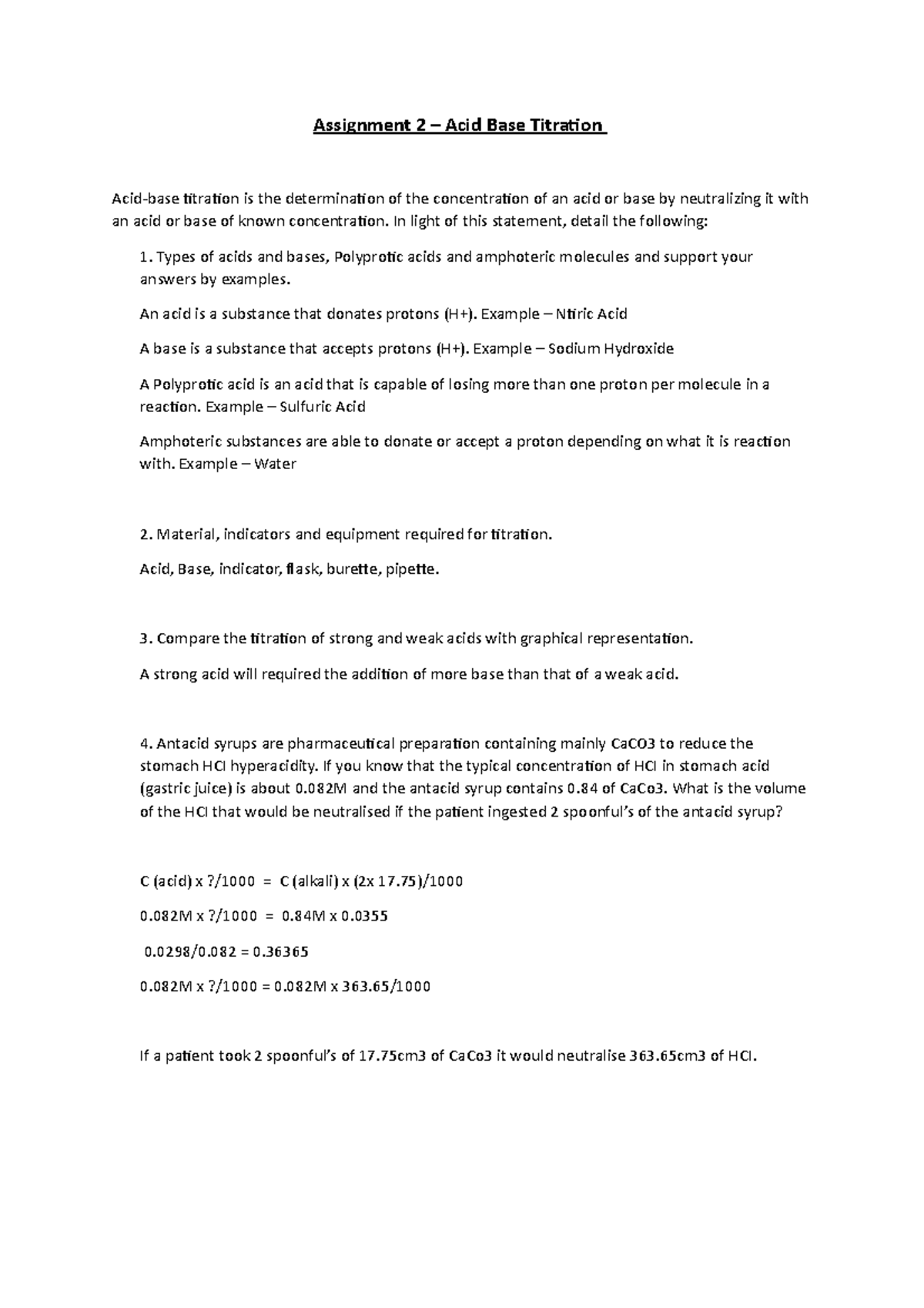 Chemistry Assignment 2 Acid Base Titration - Assignment 2 – Acid Base ...