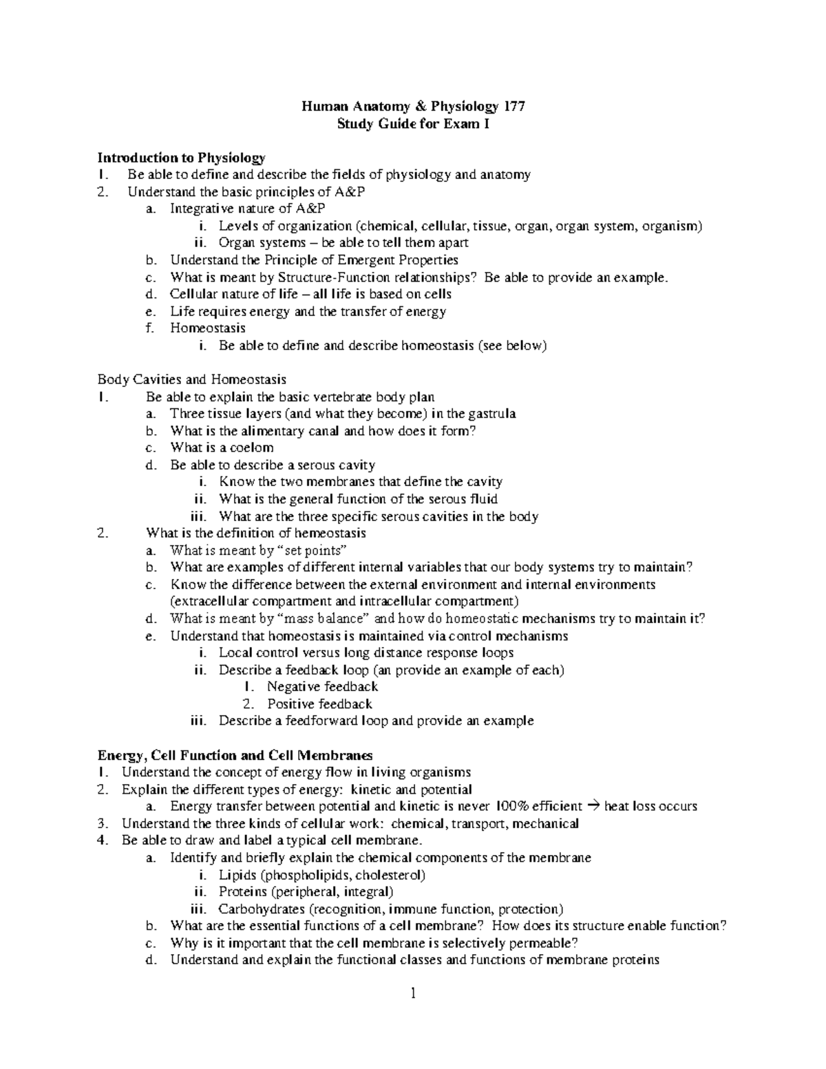 Study Guide for 177 Exam I - 1 Human Anatomy & Physiology 177 Study ...