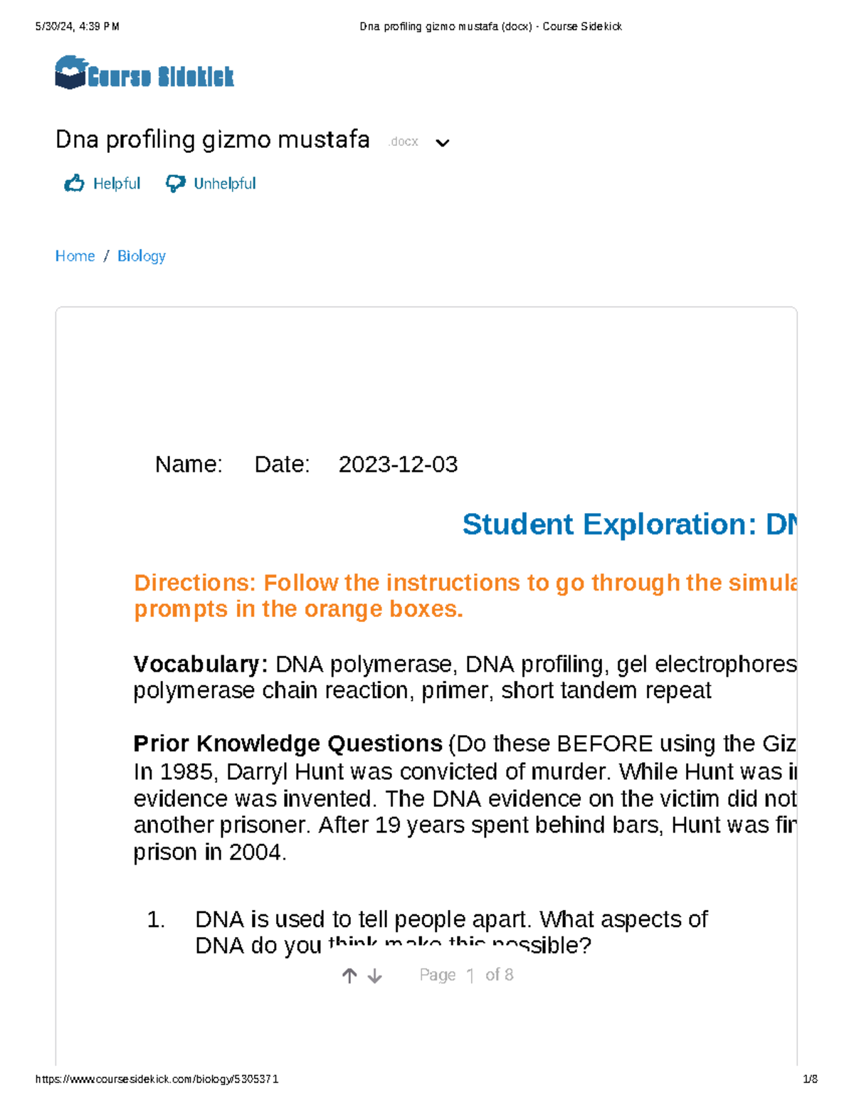 Dna profiling gizmo mustafa (docx) - Course Sidekick - Dna profiling ...