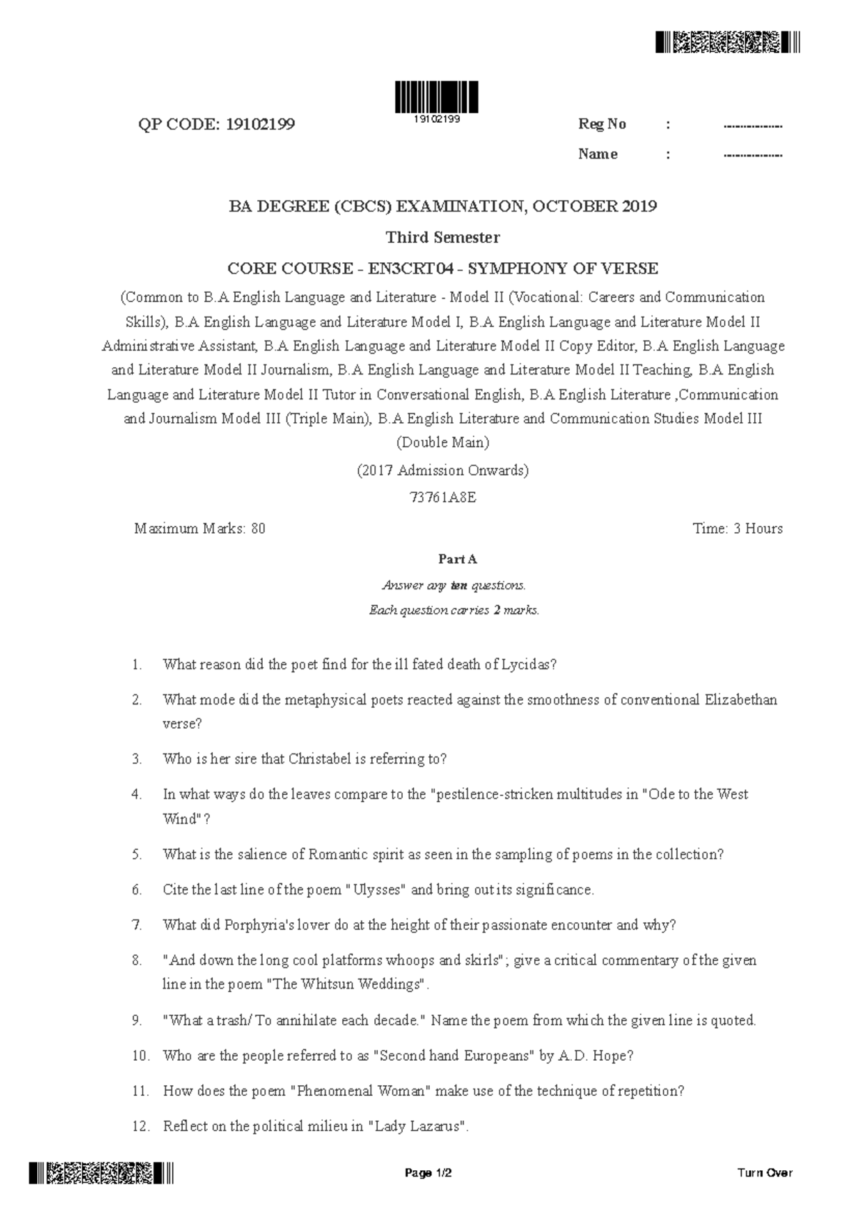 Symphony of Verse question paper Oct 2019 - QP CODE: 19102199 Reg No ...