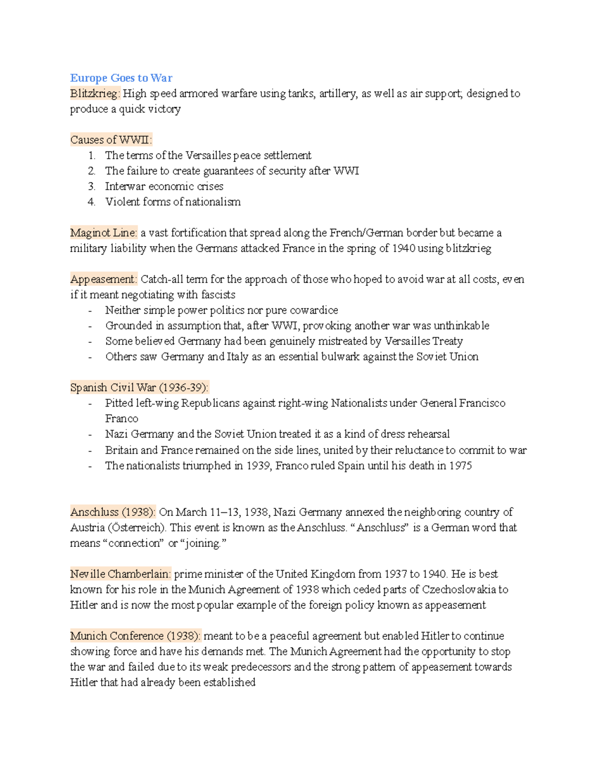 Europe Goes to War - Key Terms with descriptions and overall summary of ...