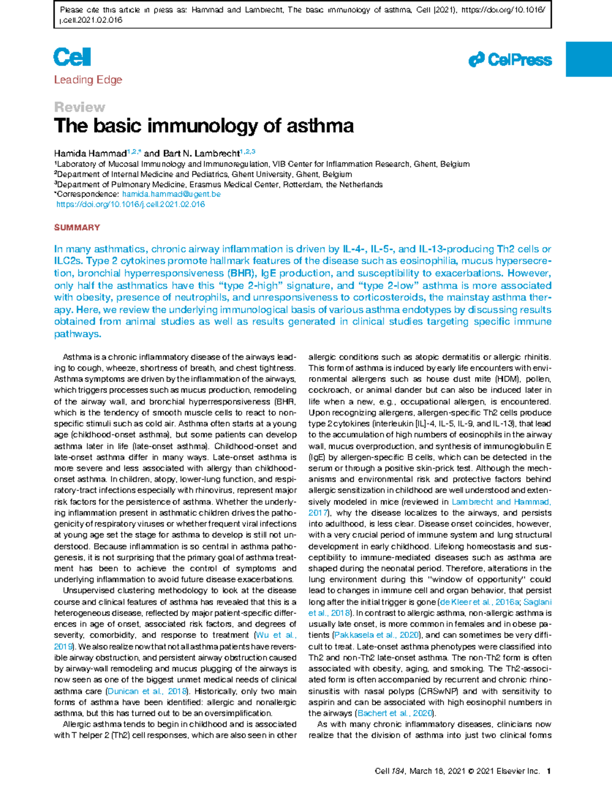 Asthma.Cell - reading - Leading Edge Review The basic immunology of ...