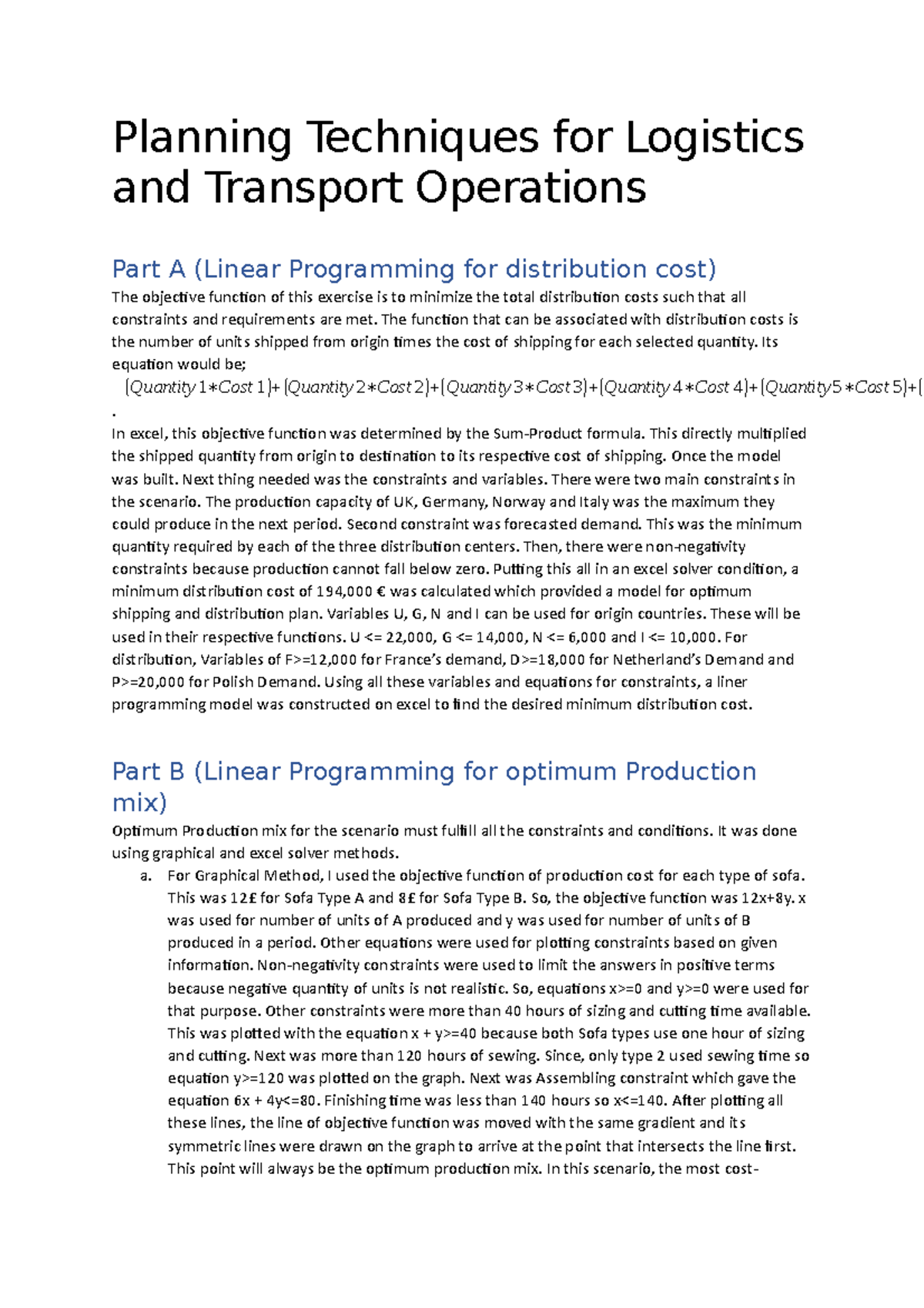 Report - Operational management - Planning Techniques for Logistics and ...