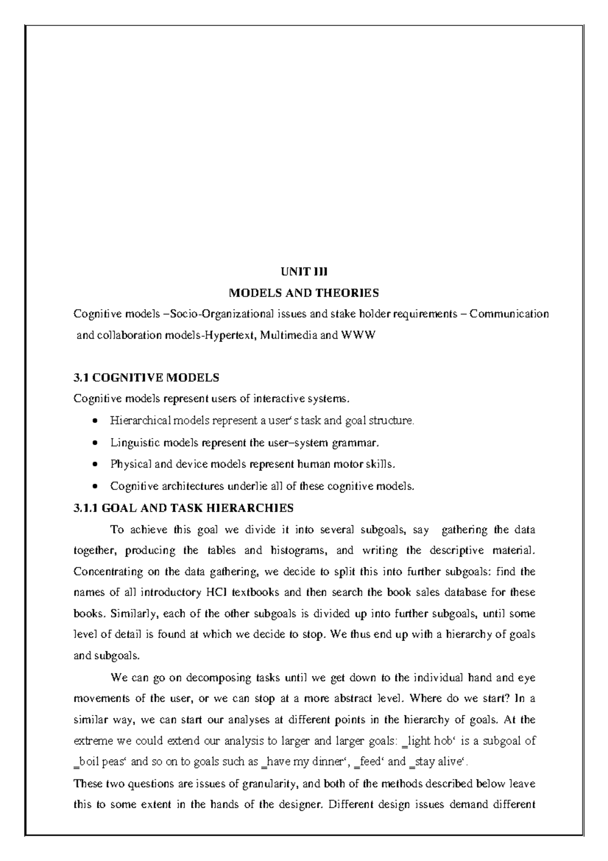 HCI003 - Human Computer Interaction - UNIT III MODELS AND THEORIES Cognitive models – - Studocu