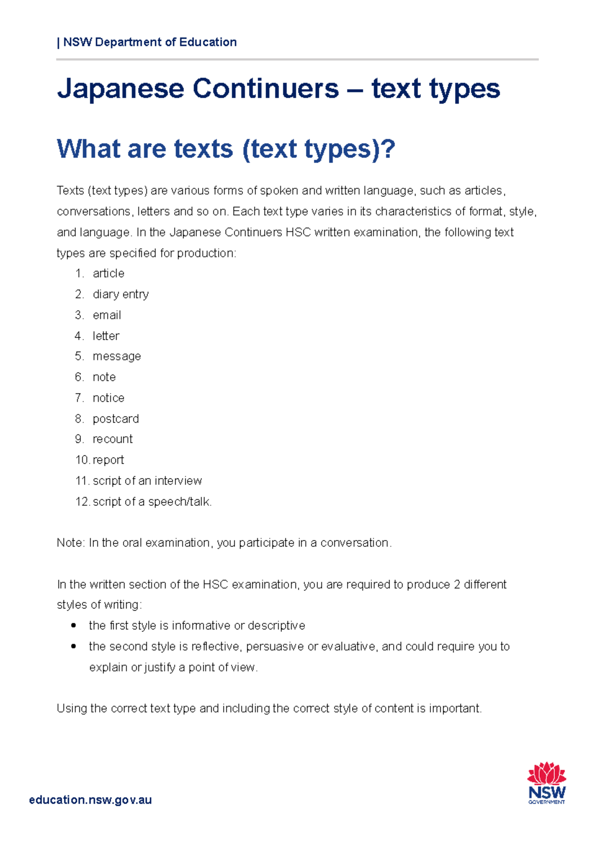 Jap cont tt 2020 - text types - | NSW Department of Education Japanese ...