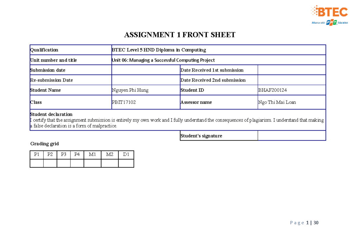 Assm MSCP Phihung - This is a IT assm - ASSIGNMENT 1 FRONT SHEET ...