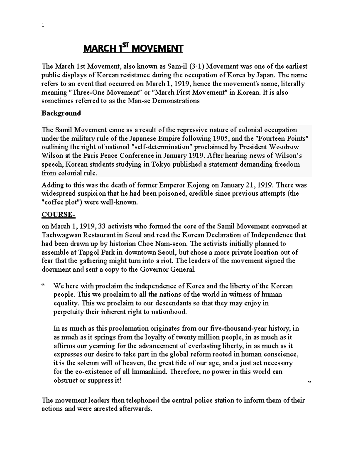 March 1st movement - Assignment - 1 MARCH 1 ST MOVEMENT The March 1st ...