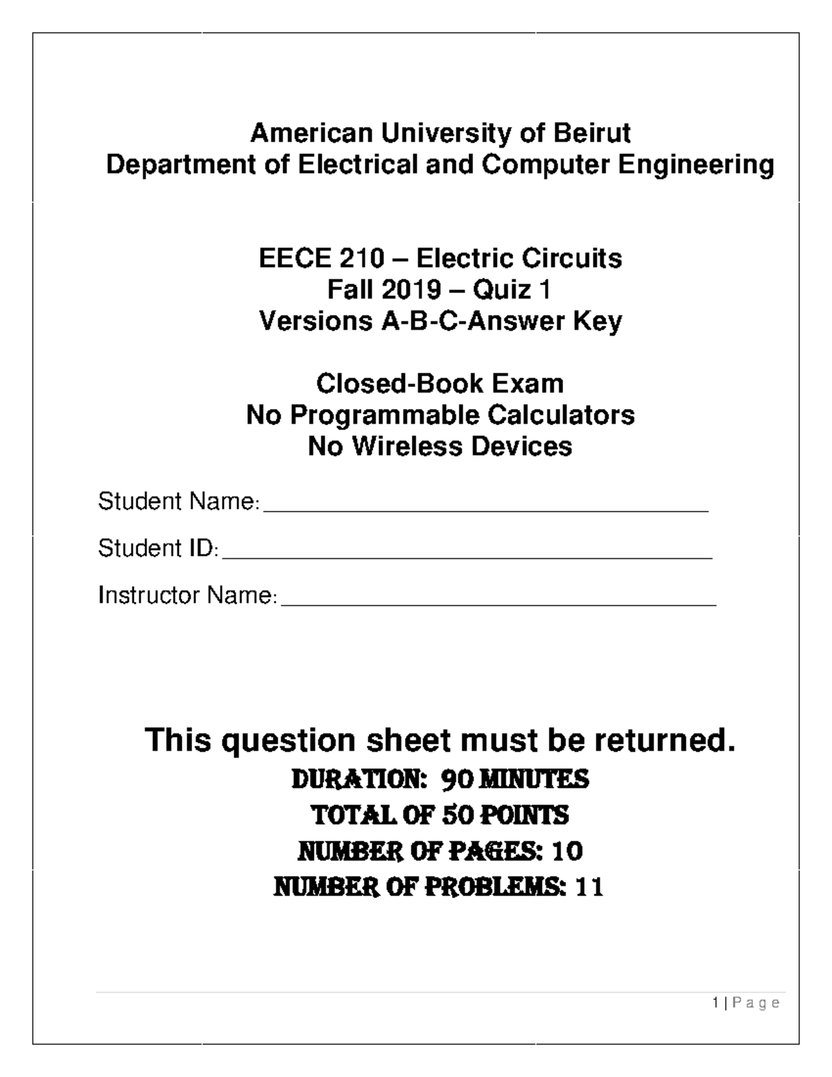 EECE 210 - Fall 2019 Quiz 1 - Electric Circuits - AUB - Studocu