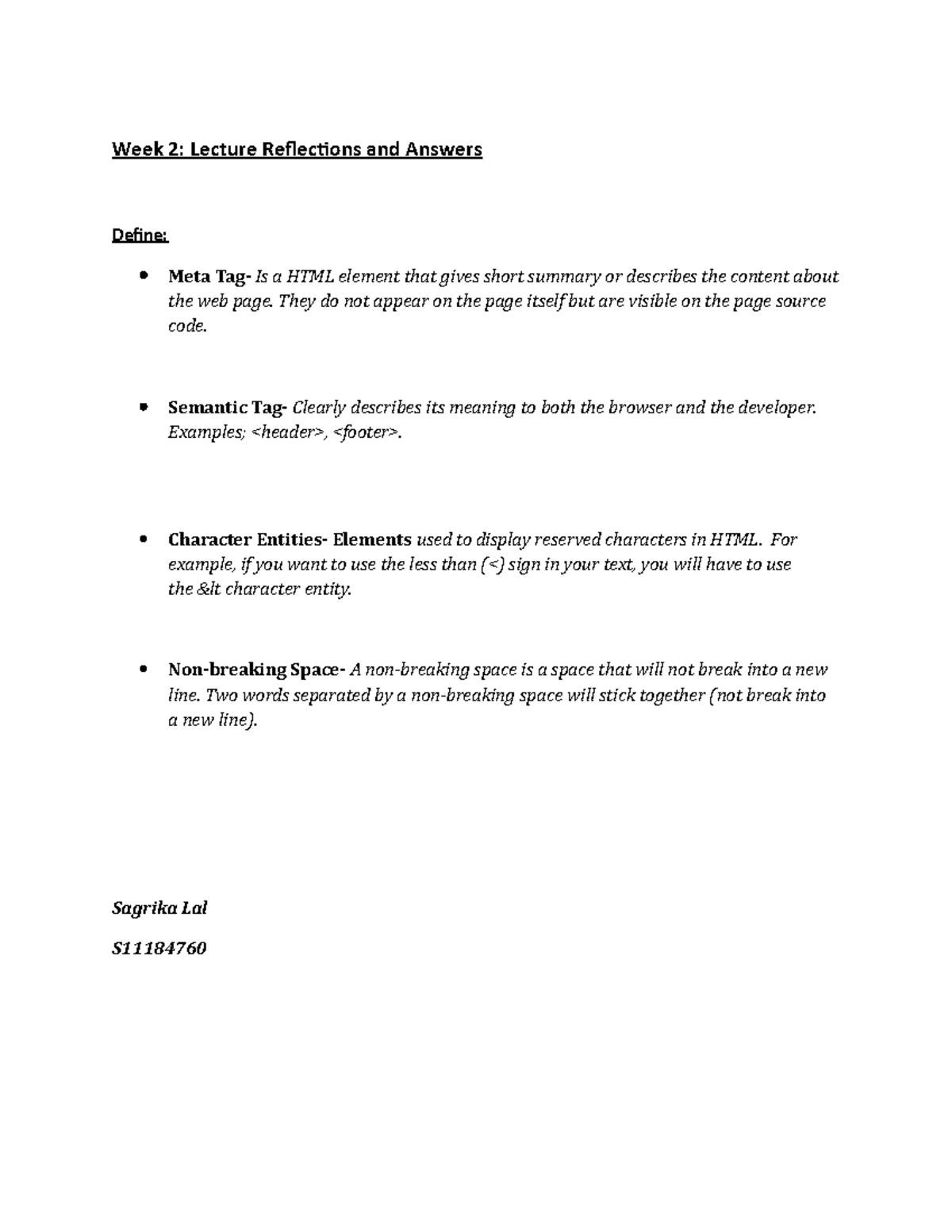 Week 2 lecture reflections and answers S11184760 - Week 2: Lecture ...