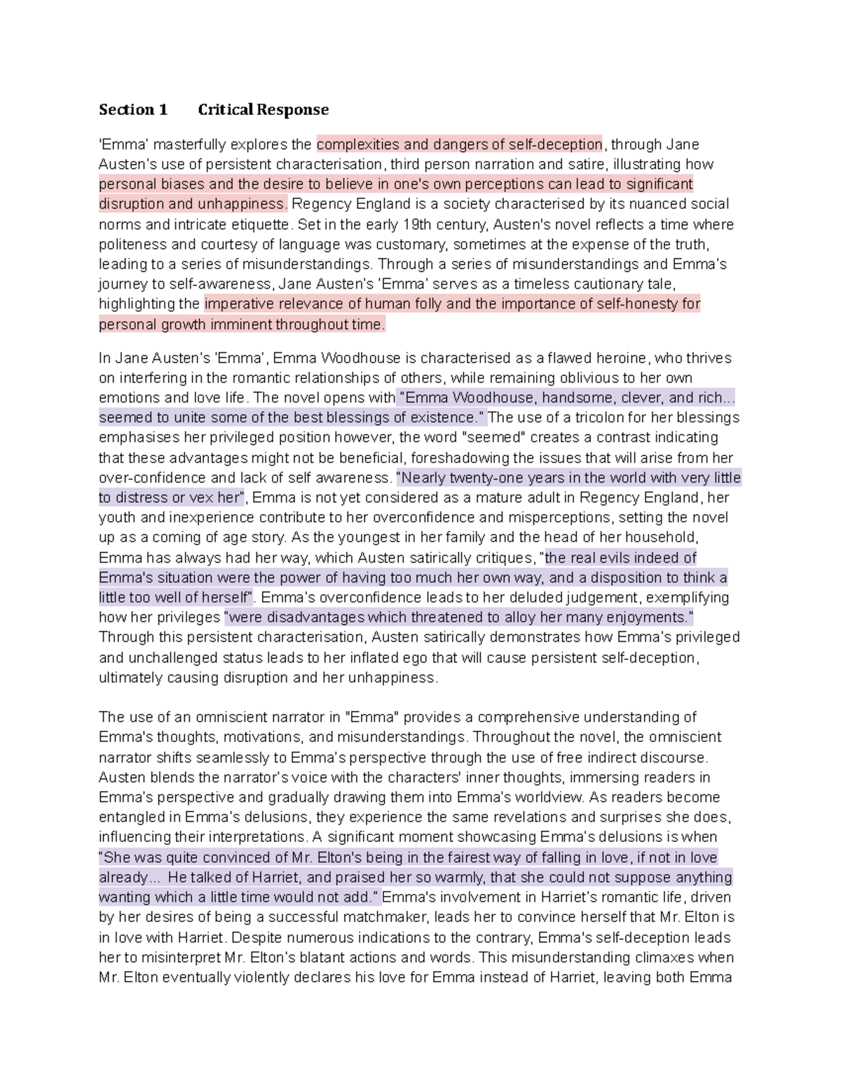 Emma Essay and Imaginative - Section 1 Critical Response 'Emma ...
