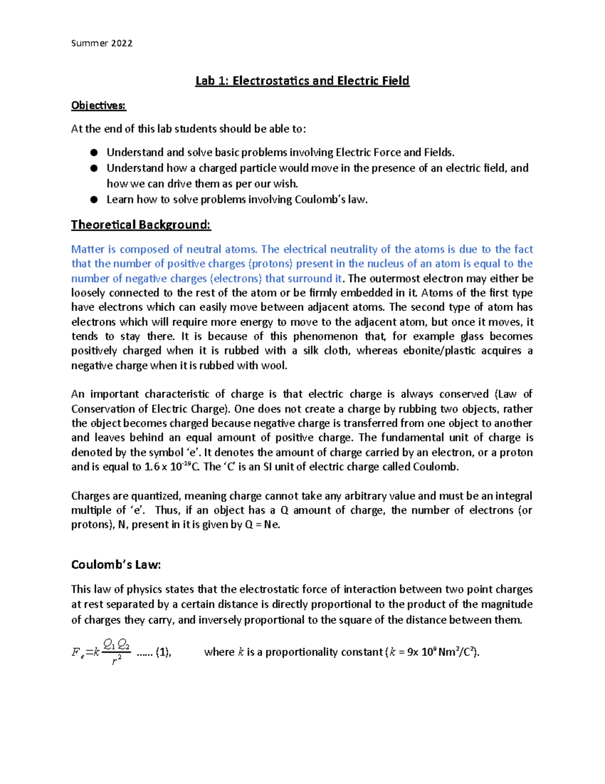 Lab 1–Electrostatics complete - Lab 1: Electrostatcs aand Electric ...