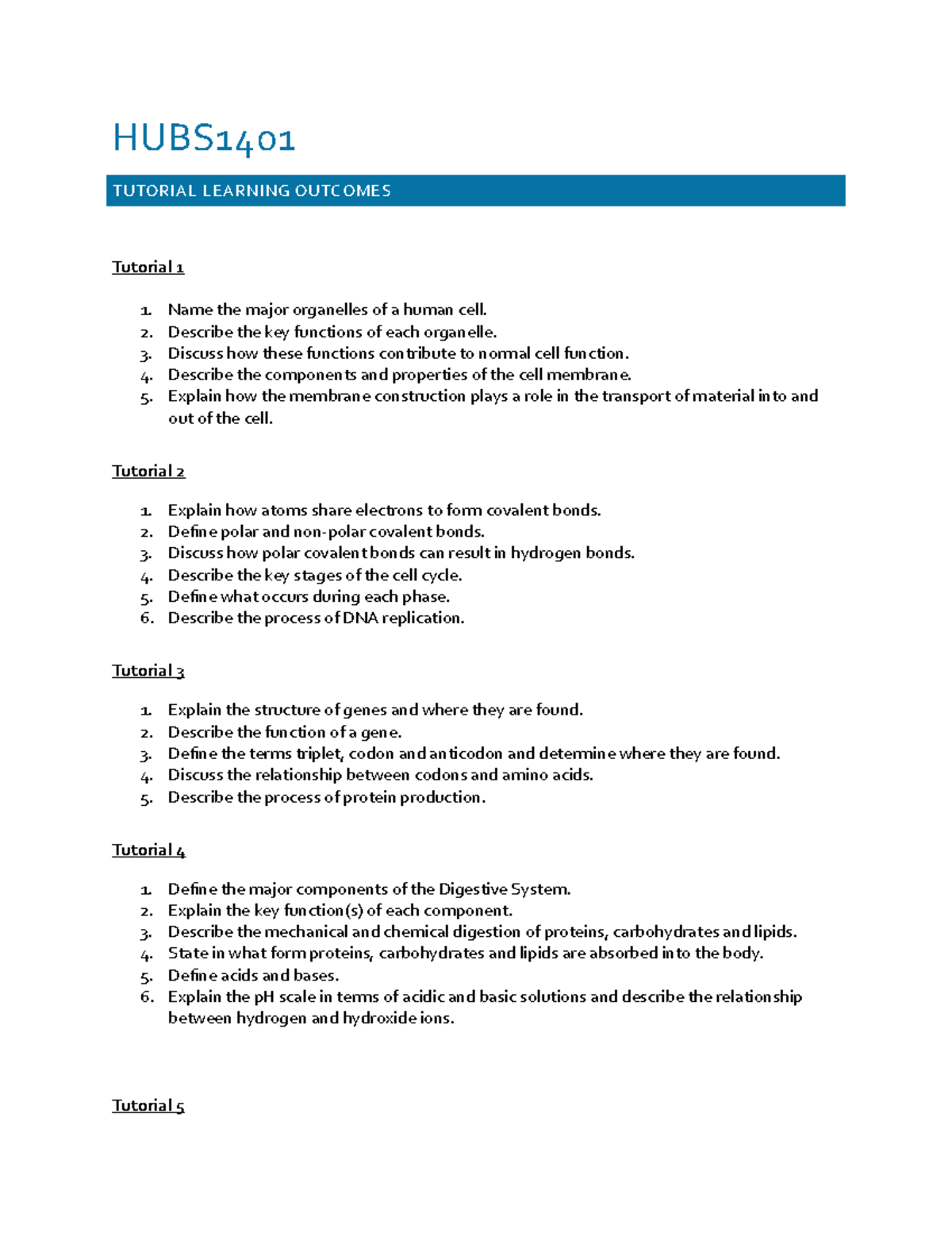 HUBS1401 Tutorial Learning Outcomes - HUBS TUTORIAL LEARNING OUTCOMES ...