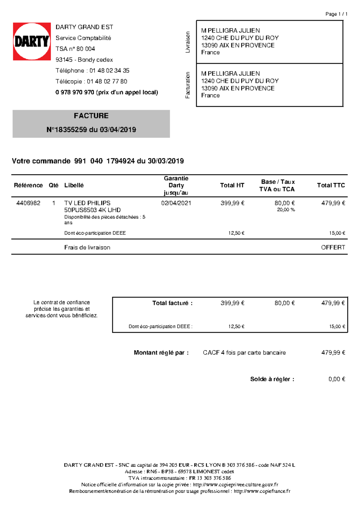 Facture 66122201 - englsih match - Page 1 / 1 DARTY GRAND EST - SNC au ...