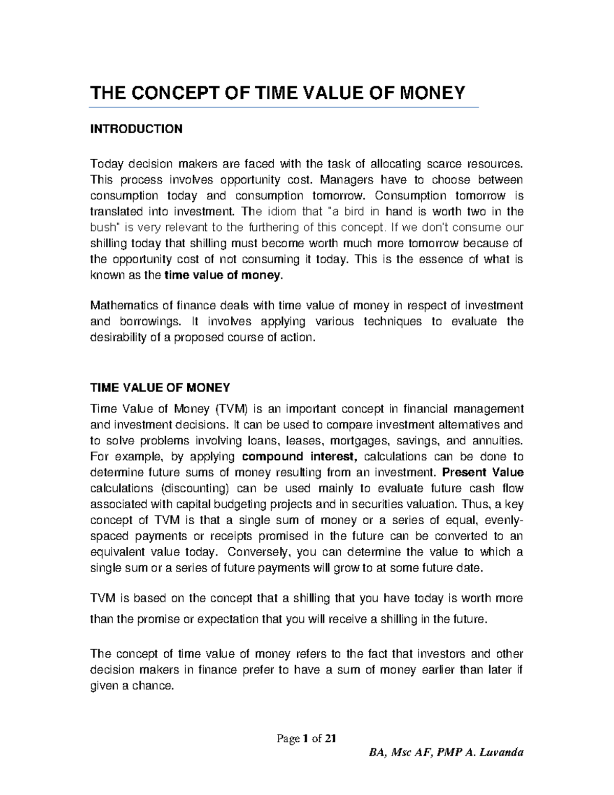 TIME Value OF Money - financial management - Page 1 of 21 THE CONCEPT OF TIME VALUE OF MONEY ...