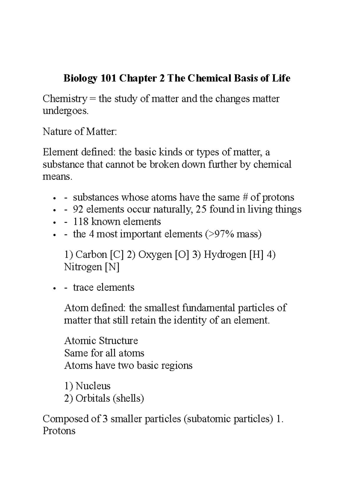 Biology 101 Chapter 2 The Chemical Basis of Life - Nature of Matter ...