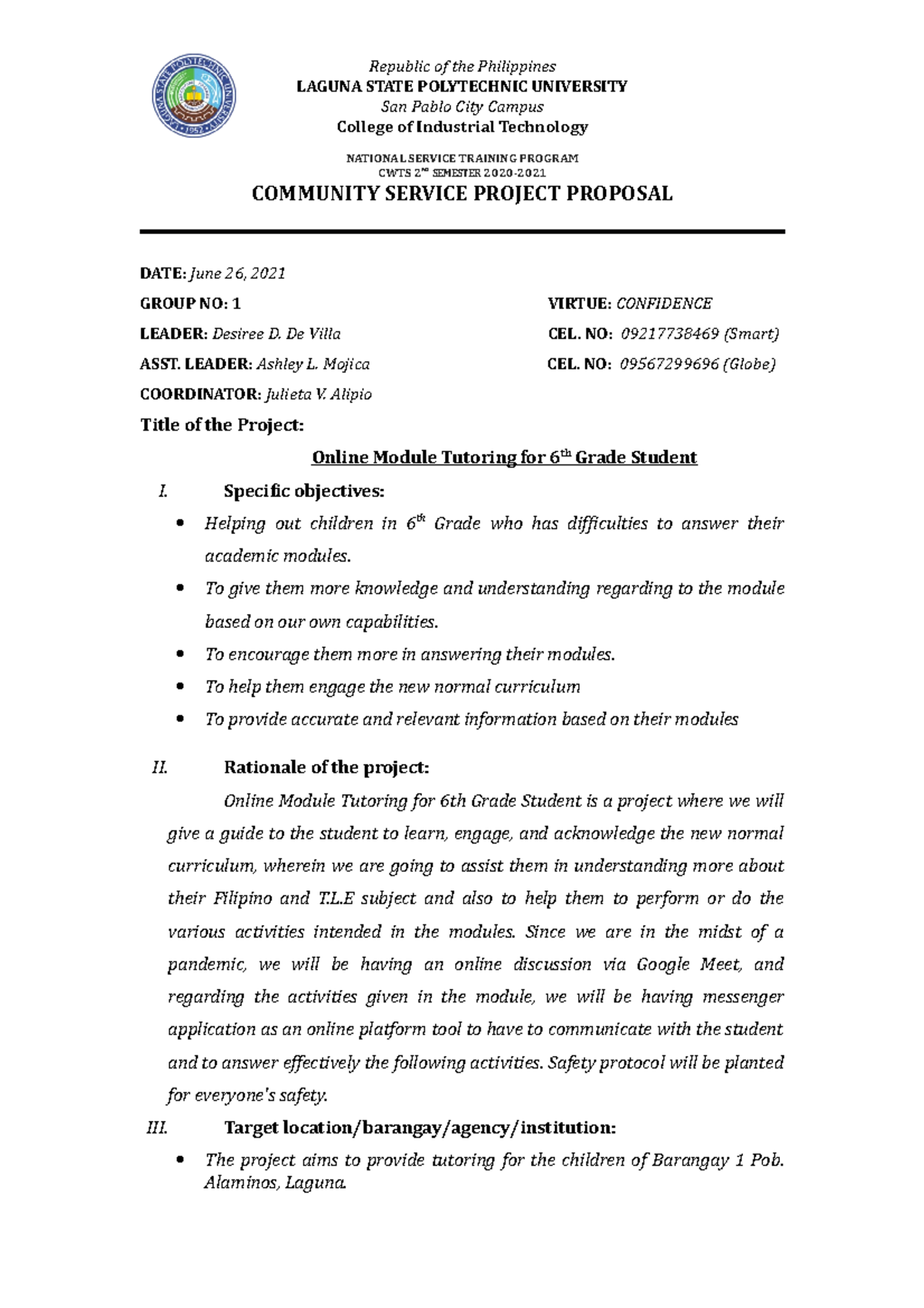 Project- Proposal for the school and works - Republic of the ...