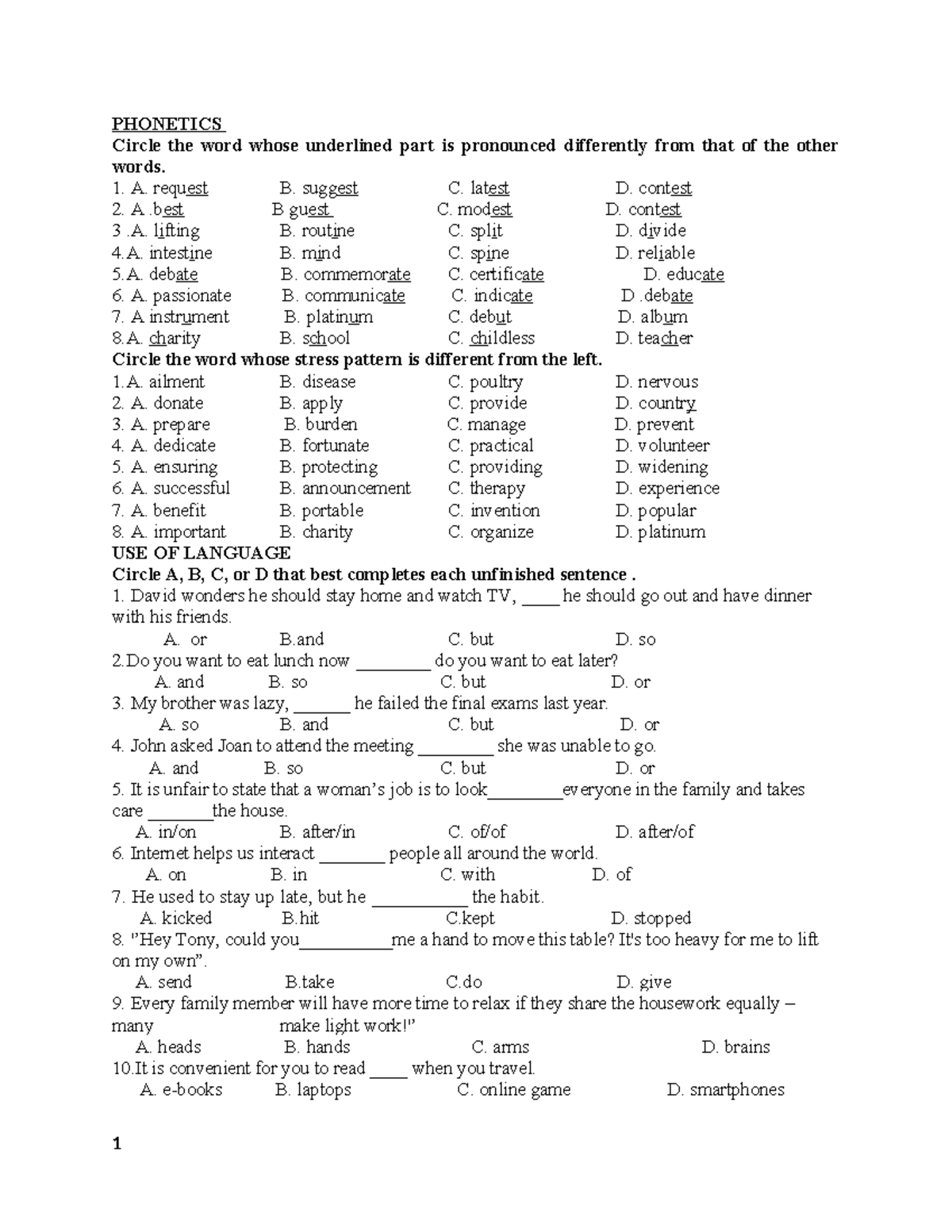 ENGLISH FOR SCHOOL - PHONETICS Circle the word whose underlined part is ...