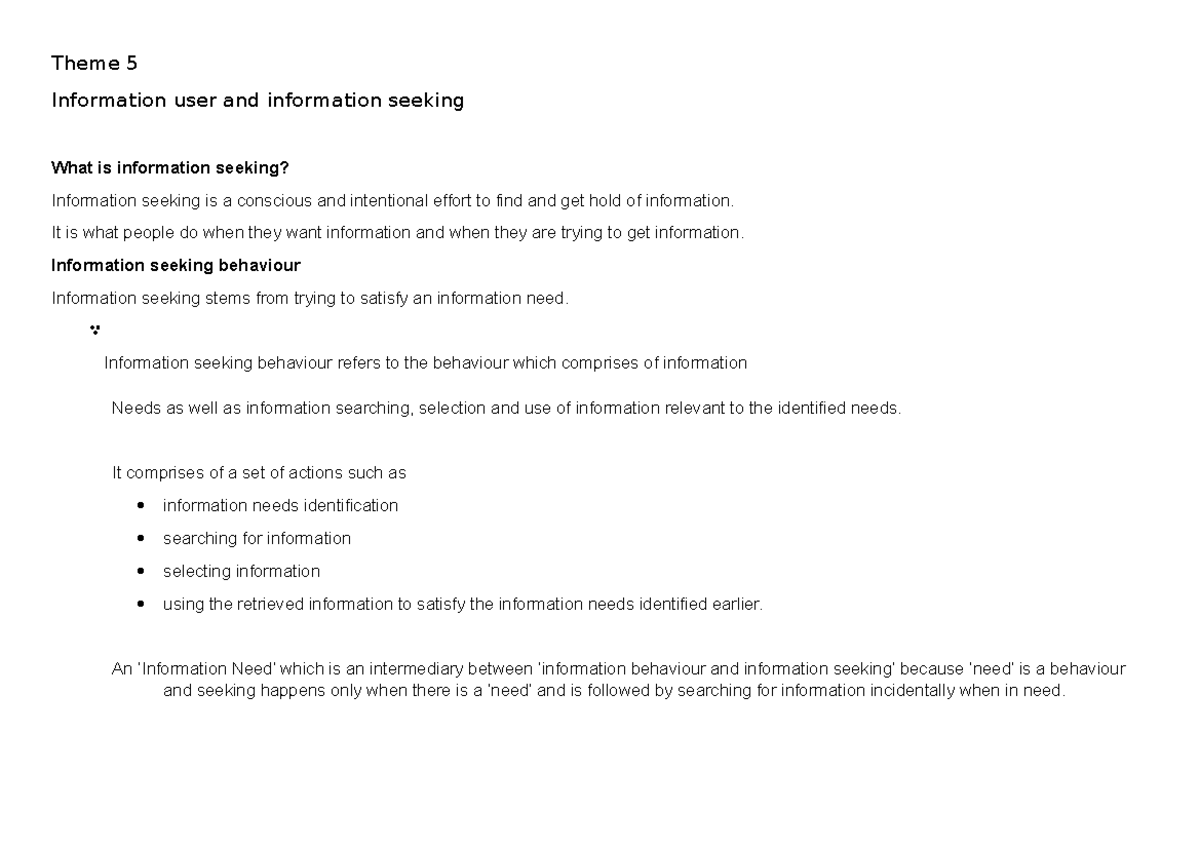 Notes - Summary Information science 230 - Theme 5 Information user and ...