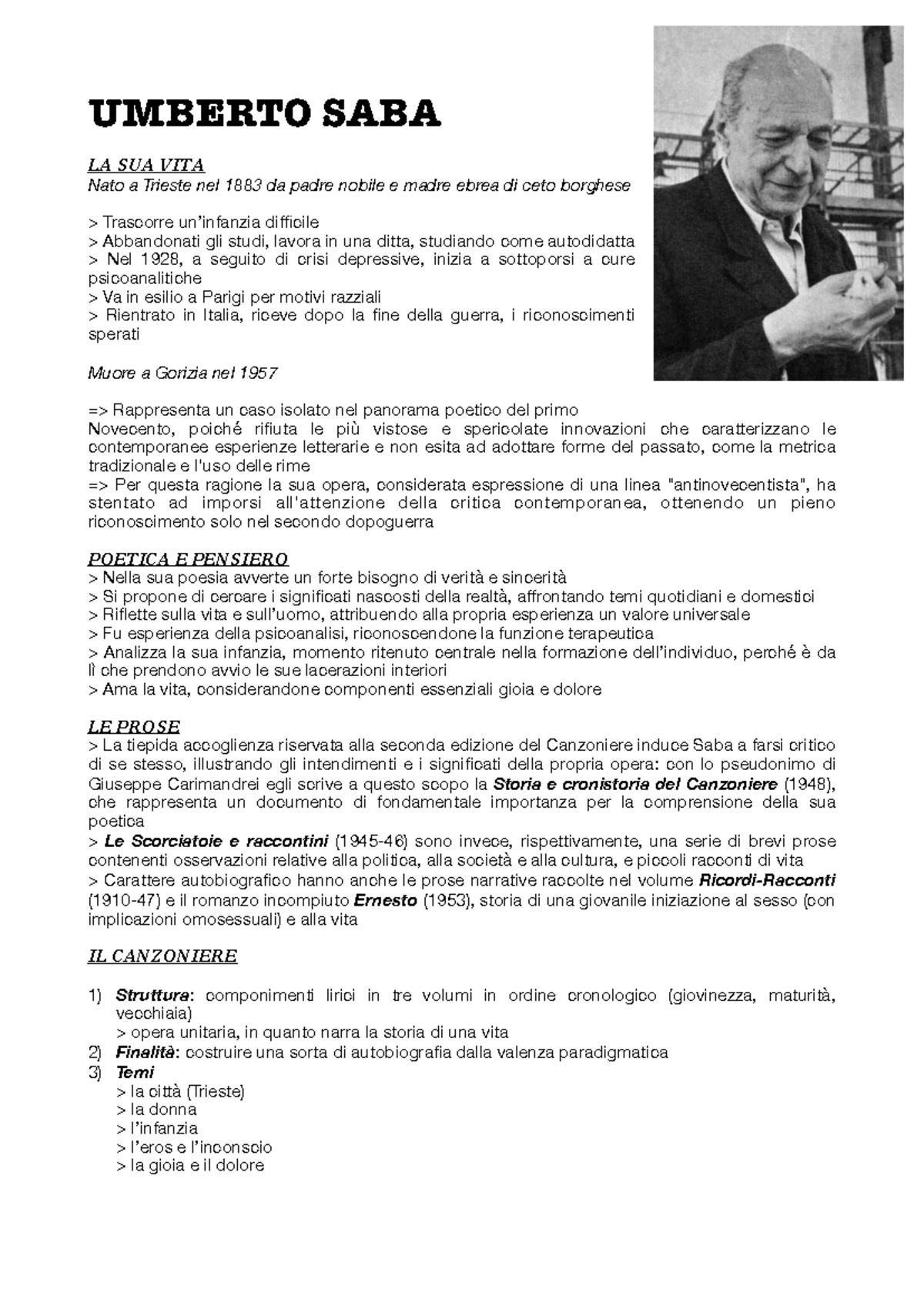 Umberto SABA - Riassunto Saba - UMBERTO SABA LA SUA VITA Nato a Trieste nel 1883 da padre nobile ...