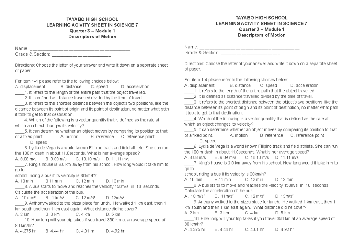 Science 7 week 1 1 - Las - TAYABO HIGH SCHOOL LEARNING ACIVITY SHEET IN ...