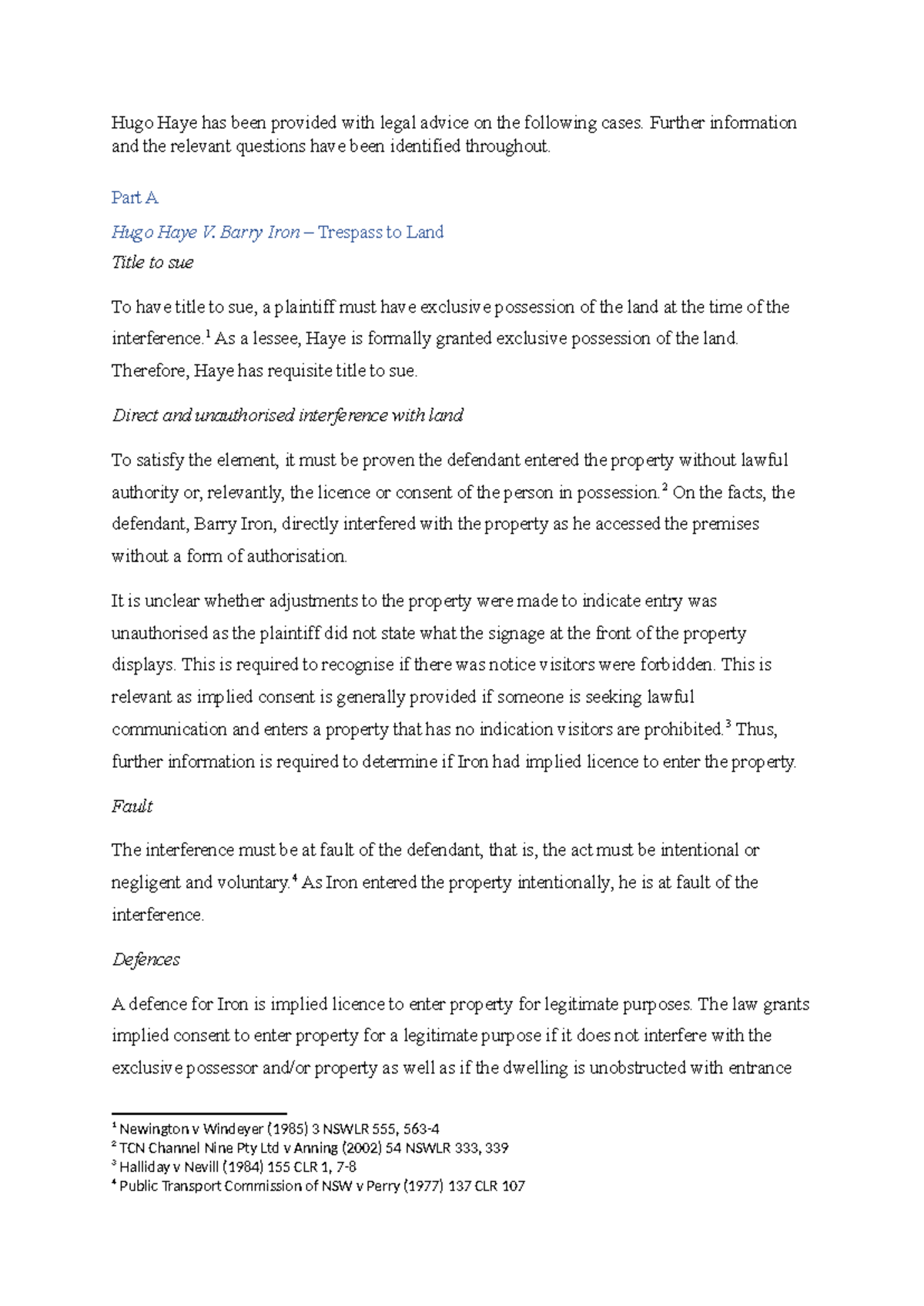 Torts Assignment - Client Advice and Interview - Hugo Haye has been ...