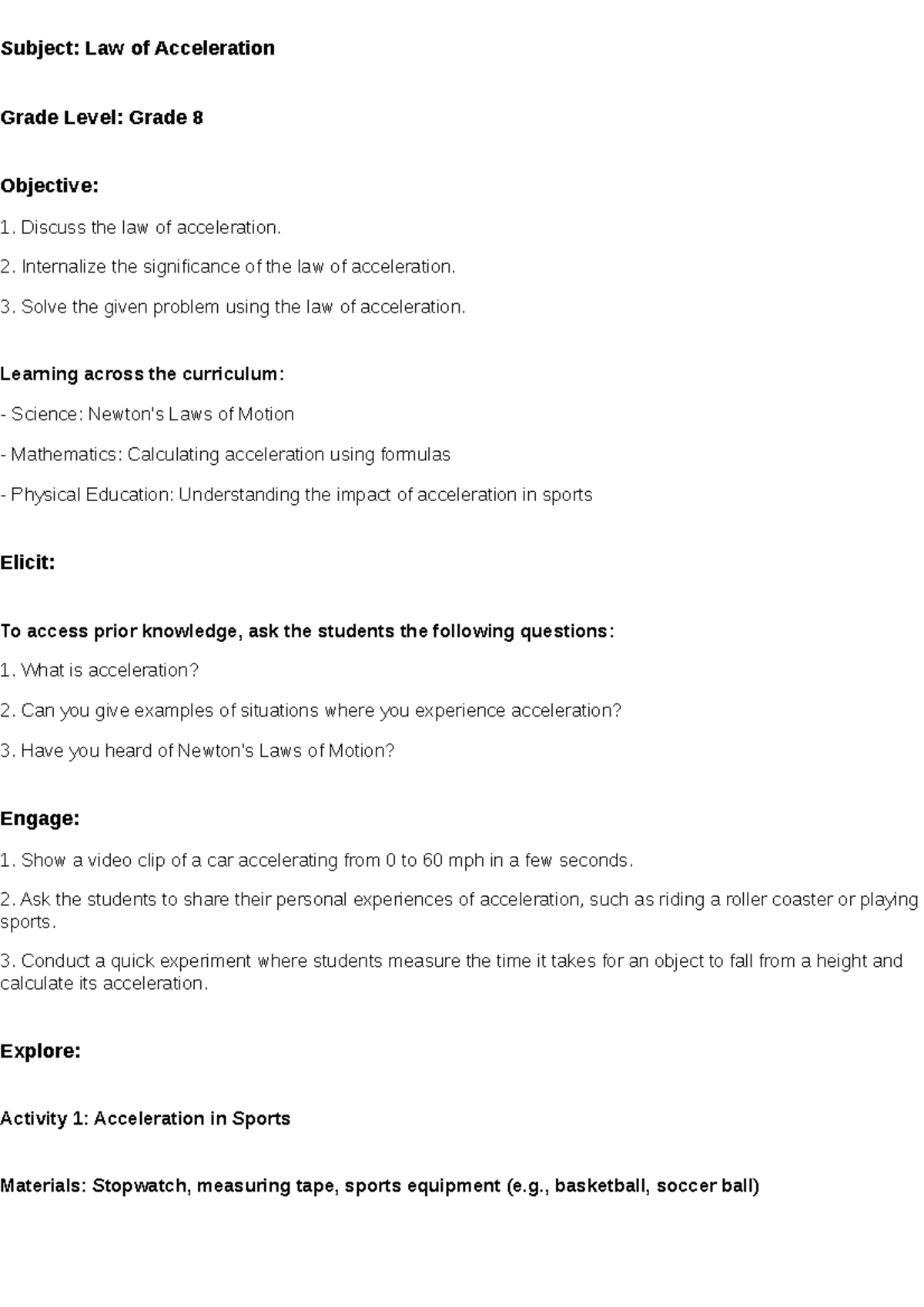 Lesson plan - nerf - Subject: Law of Acceleration Grade Level: Grade 8 ...