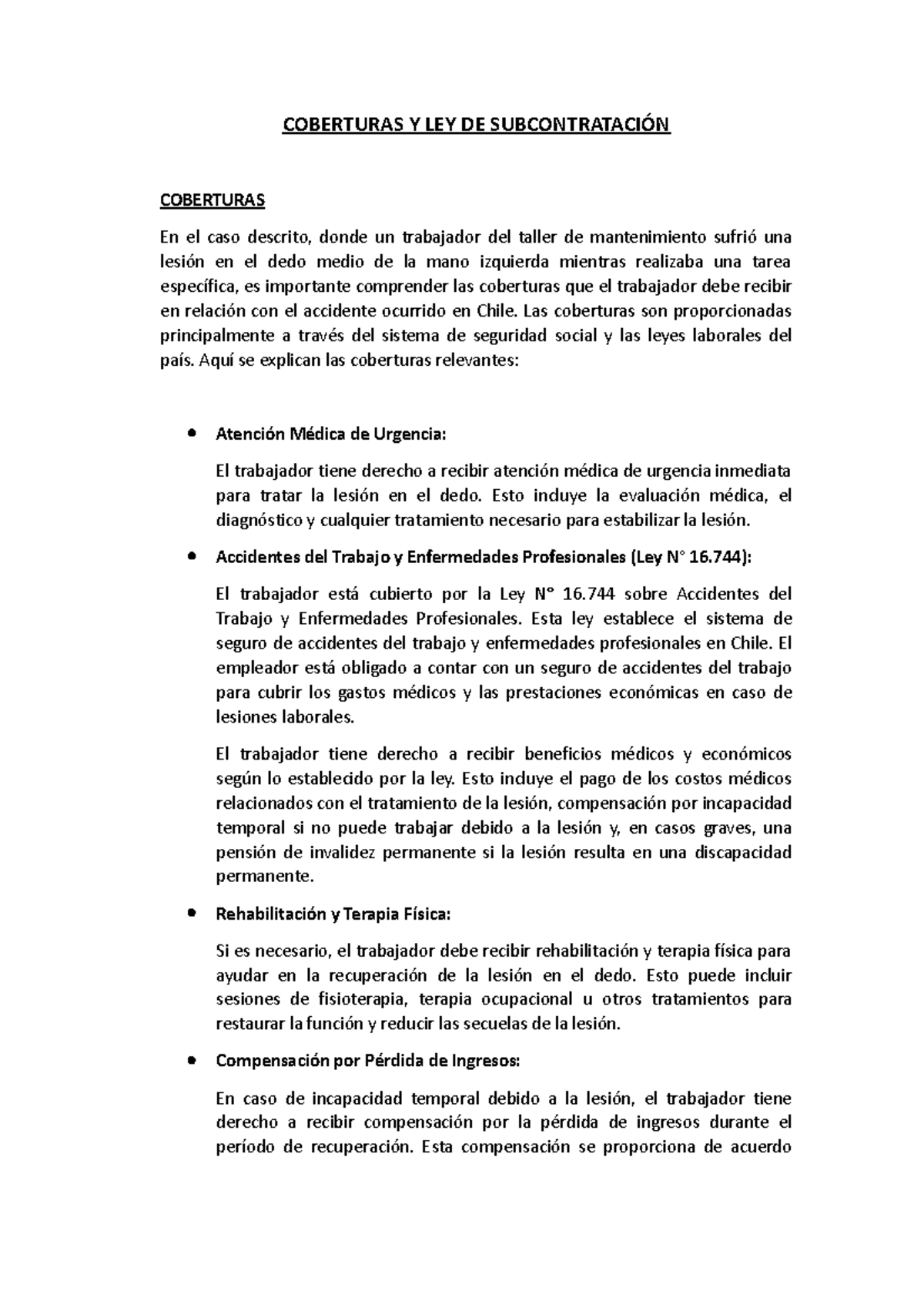 Coberturas y Ley de sub contratación Claudio Plaza Uribe 18 ...