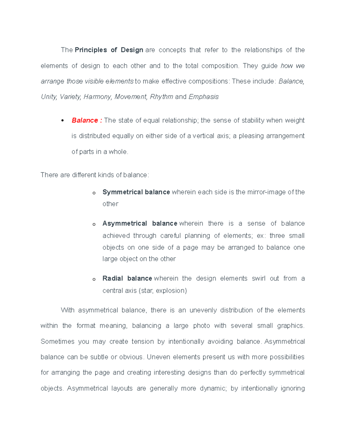 Literature Arts Module 6 Lecture notes - The Principles of Design are ...