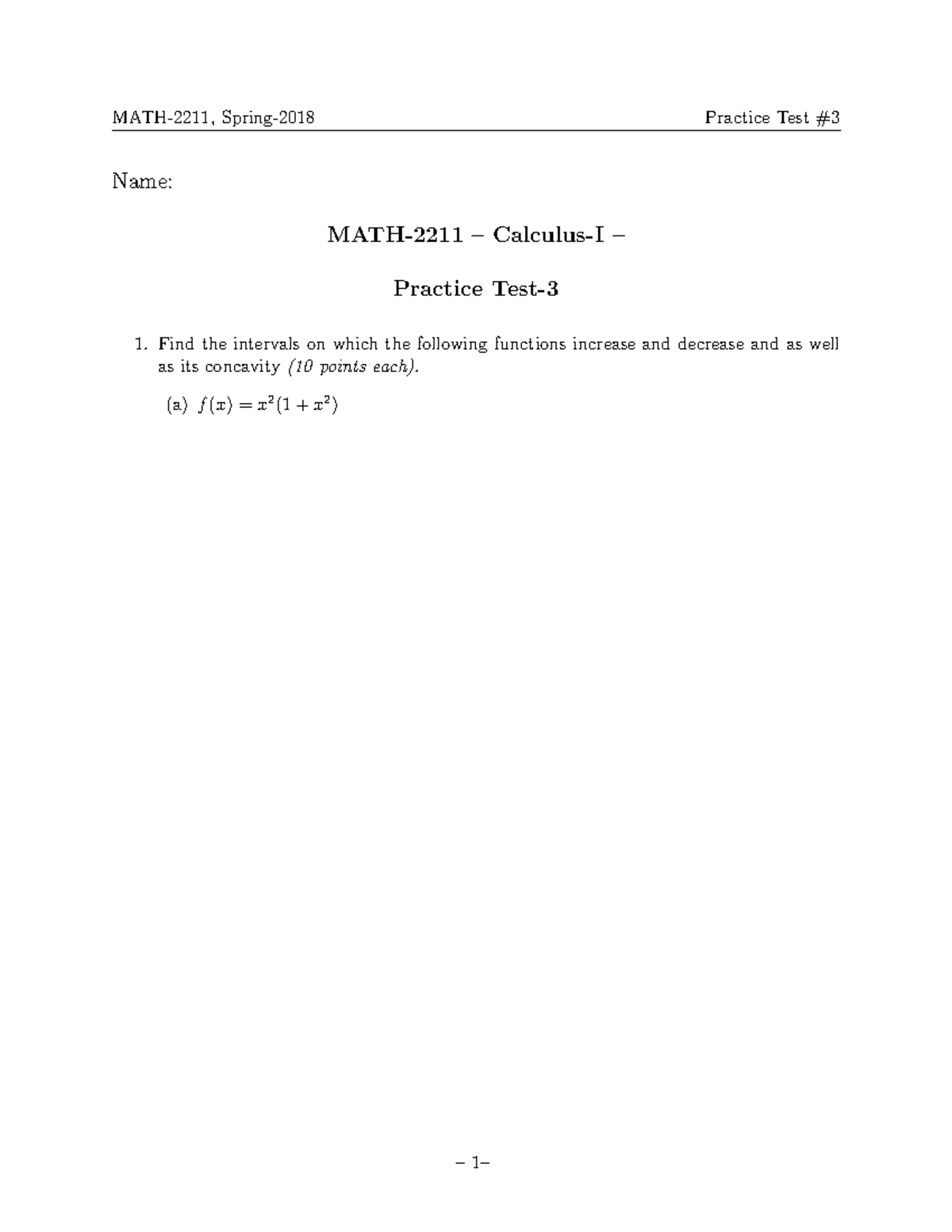 Practice Test 31_ Math2211 - Name: MATH-2211 – Calculus-I – Practice ...