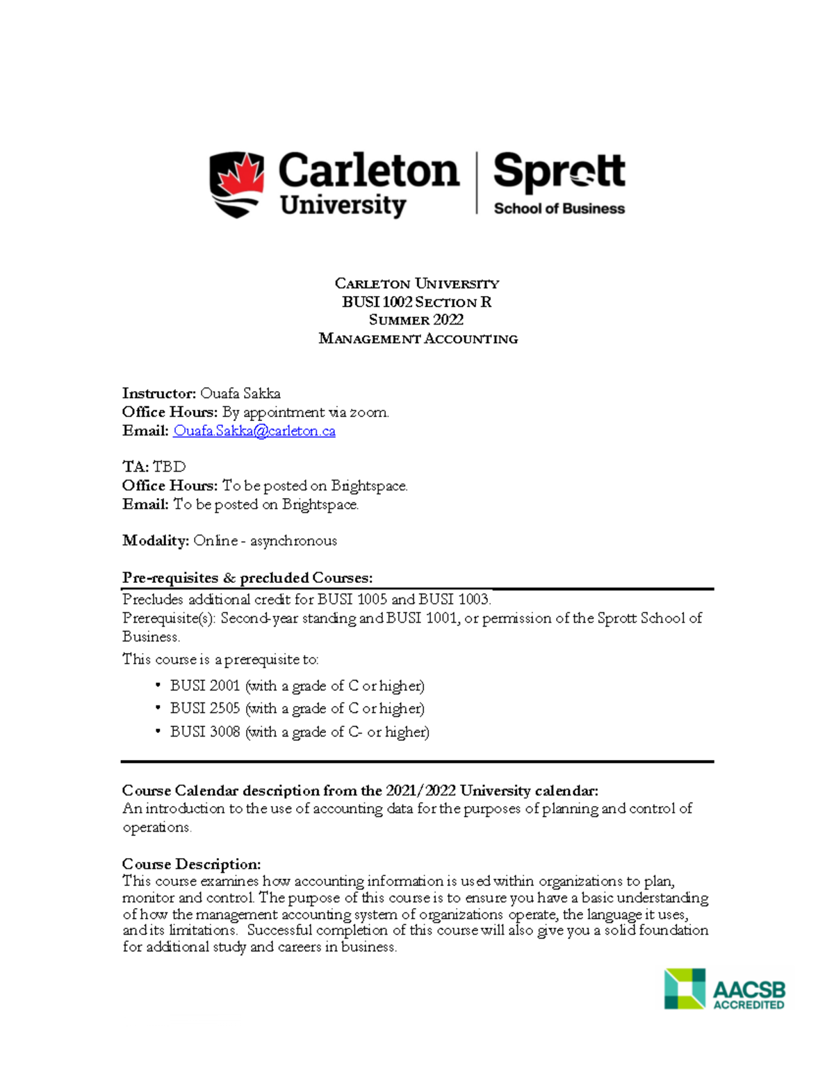 1002 R Course Outline Summer 22 - CARLETON UNIVERSITY BUSI 1002 SECTION ...