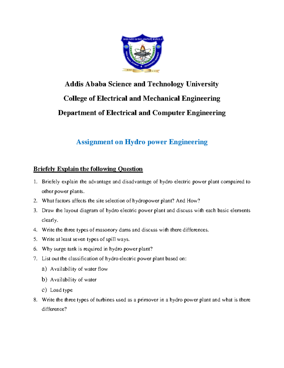 Assignment on Hydro power engineering - electrical machine element ...
