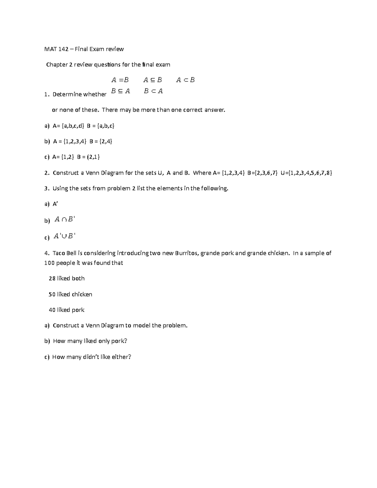 Final-exam-review lecture notes - MAT 142 – Final Exam review Chapter 2 ...