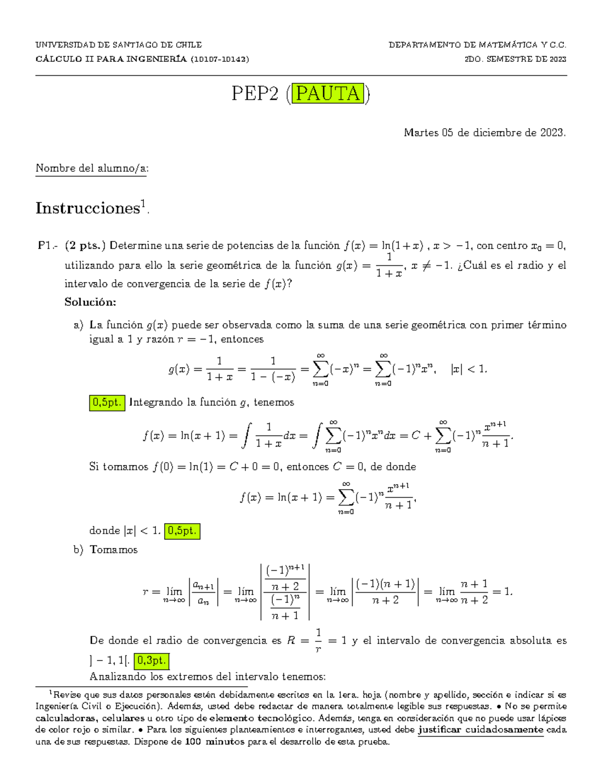 PEP2-2-23 - pep 2 calculo - UNIVERSIDAD DE SANTIAGO DE CHILE DEPARTAMENTO DE MATEMÁTICA Y C ...