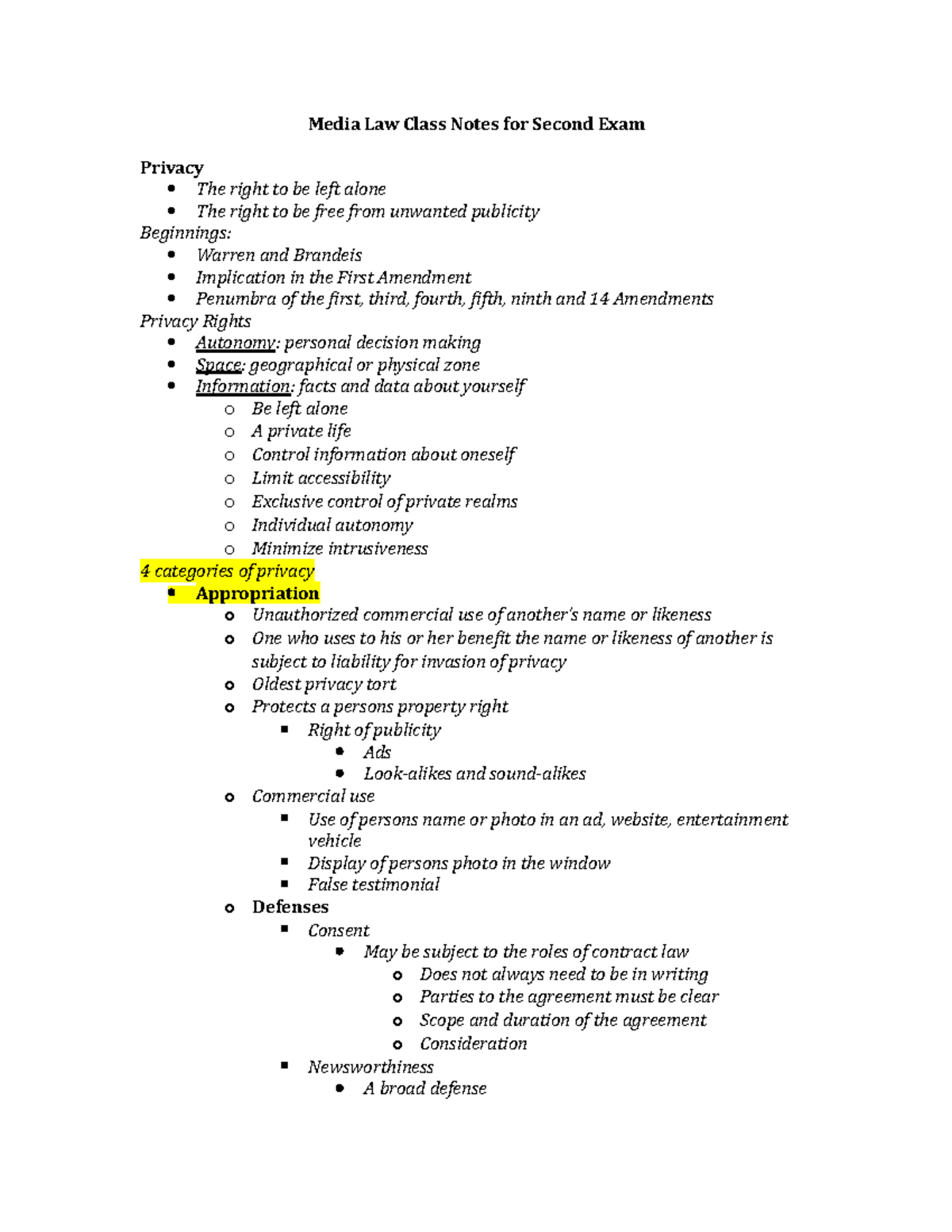 Media Law Class Notes 2 Media Law Class Notes For Second Exam Privacy