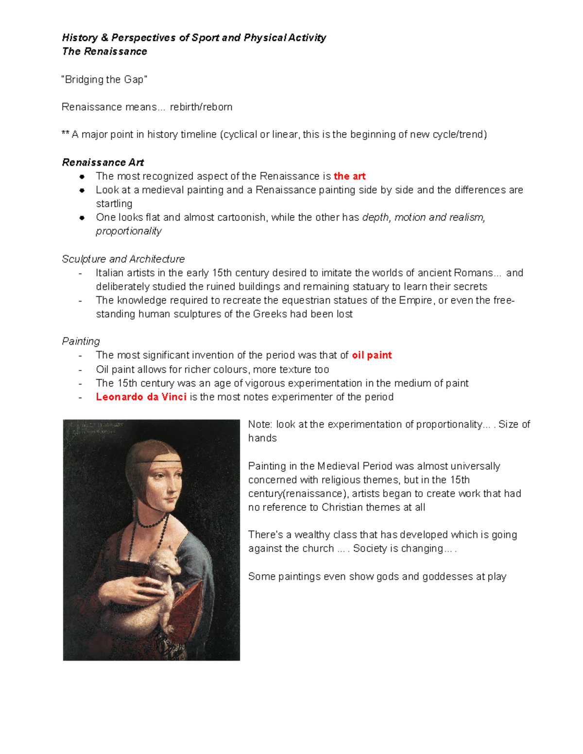 Renaissance - Lecture notes for class in History/Pers. with Professor ...