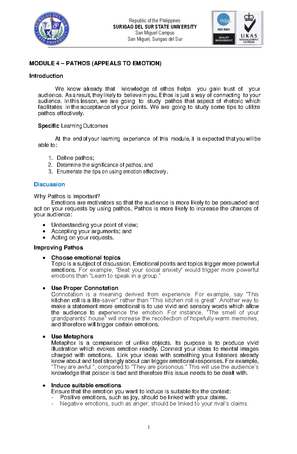 Module 4- Pathos - Republic of the Philippines SURIGAO DEL SUR STATE ...