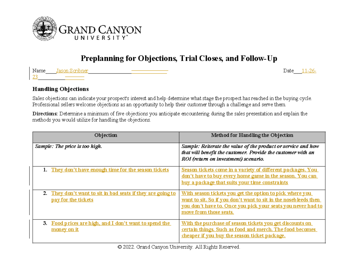 Preplanning for Objections Trial Closes and Follow up - Preplanning for ...